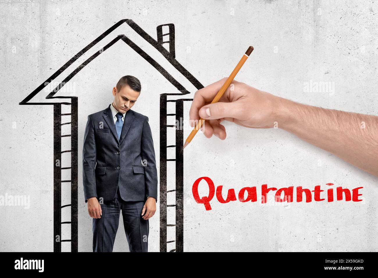 Man inside a house outline with Quarantine Stock Photo - Alamy