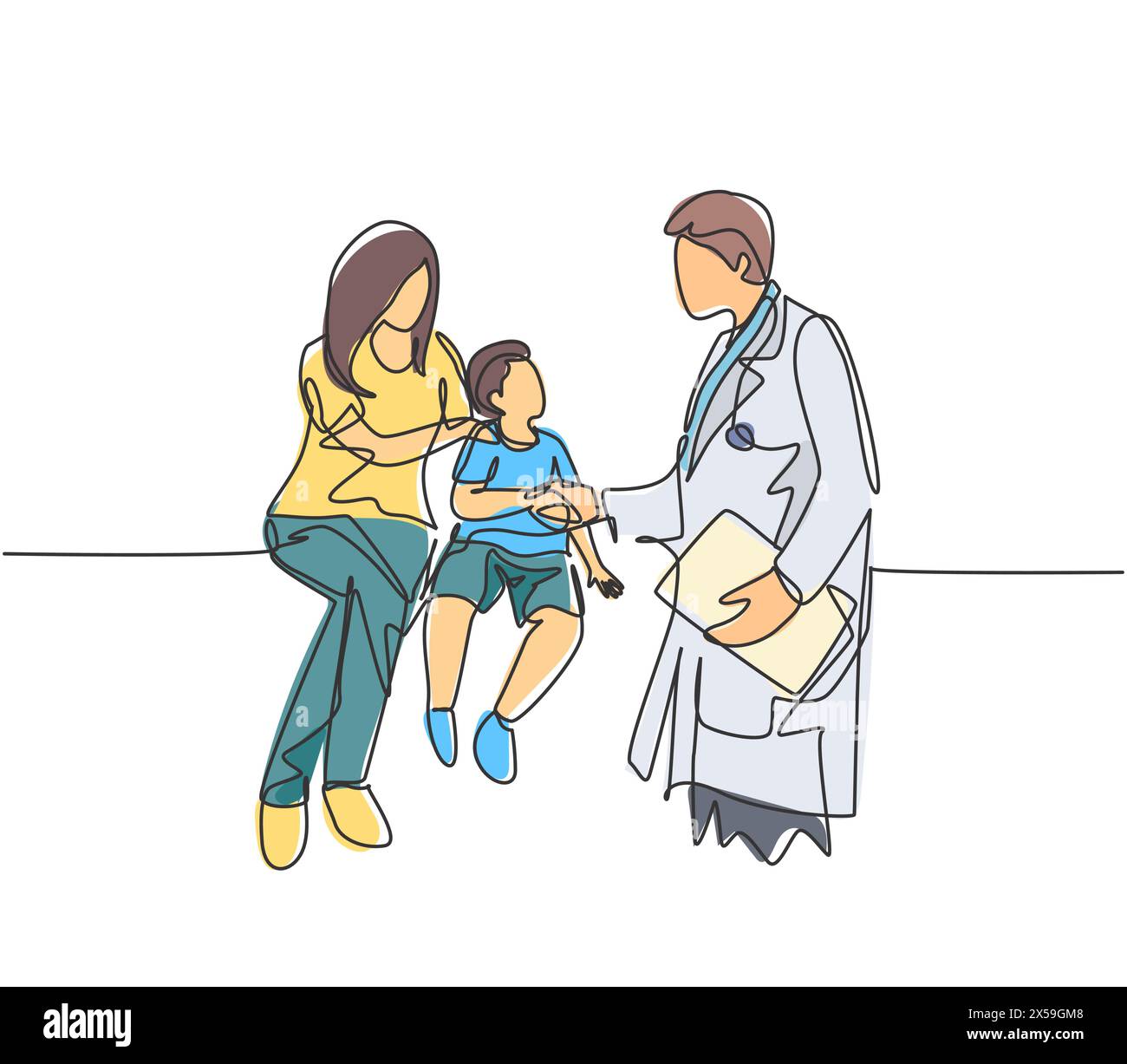 One line drawing of doctor handshaking young patient and check up his ...