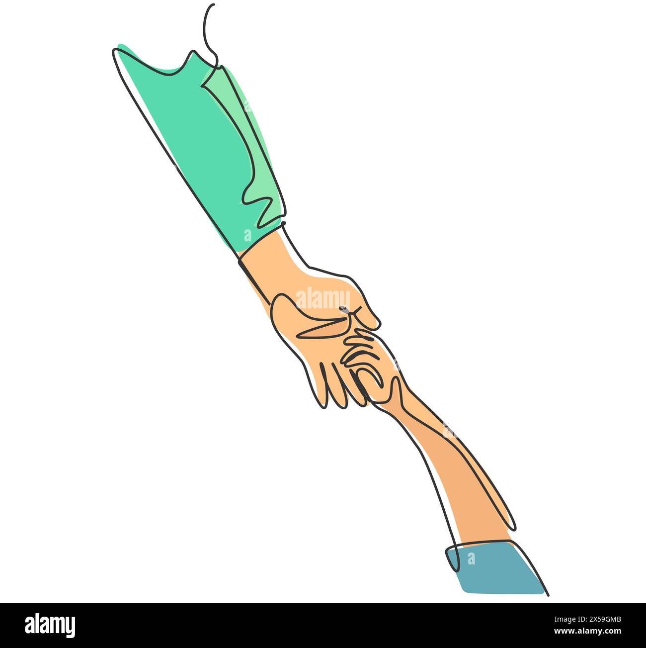 One line drawing of father giving hand to his child. Mother care in ...