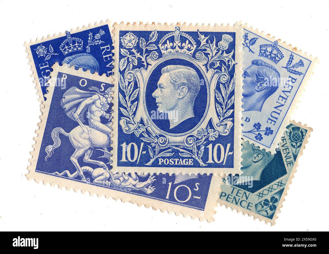 A montage of blue mint King George VI postage stamps from Great Britain ...