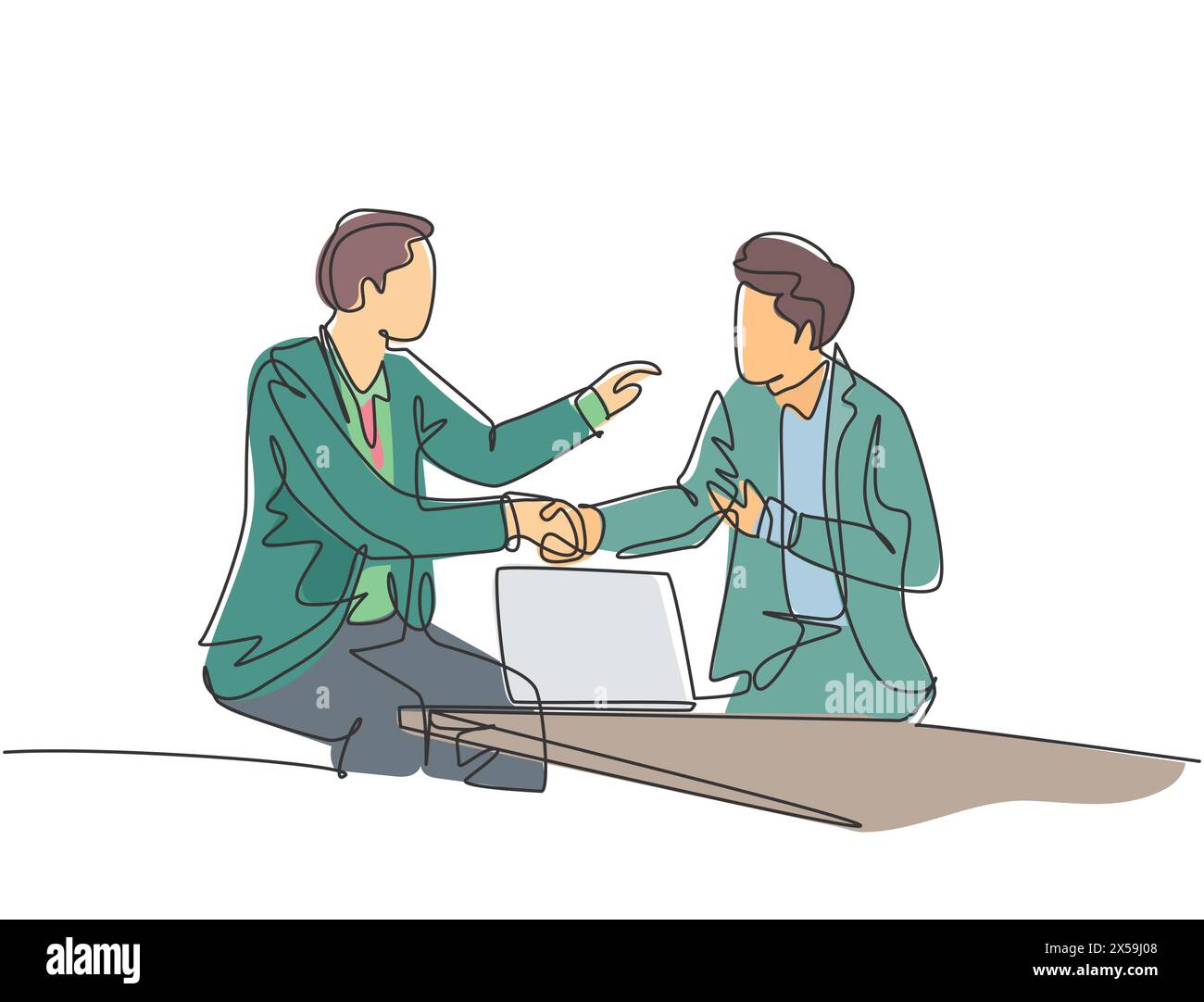Continuous line drawing of business men handshake his colleague to deal a project. Business ...