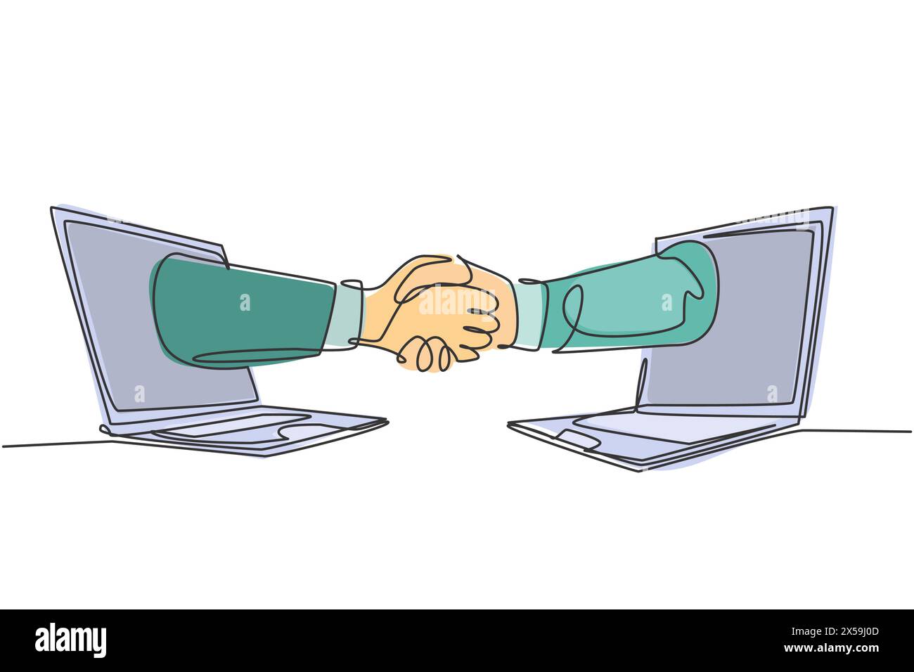 Continuous line drawing of business men shaking hand to deal a project ...