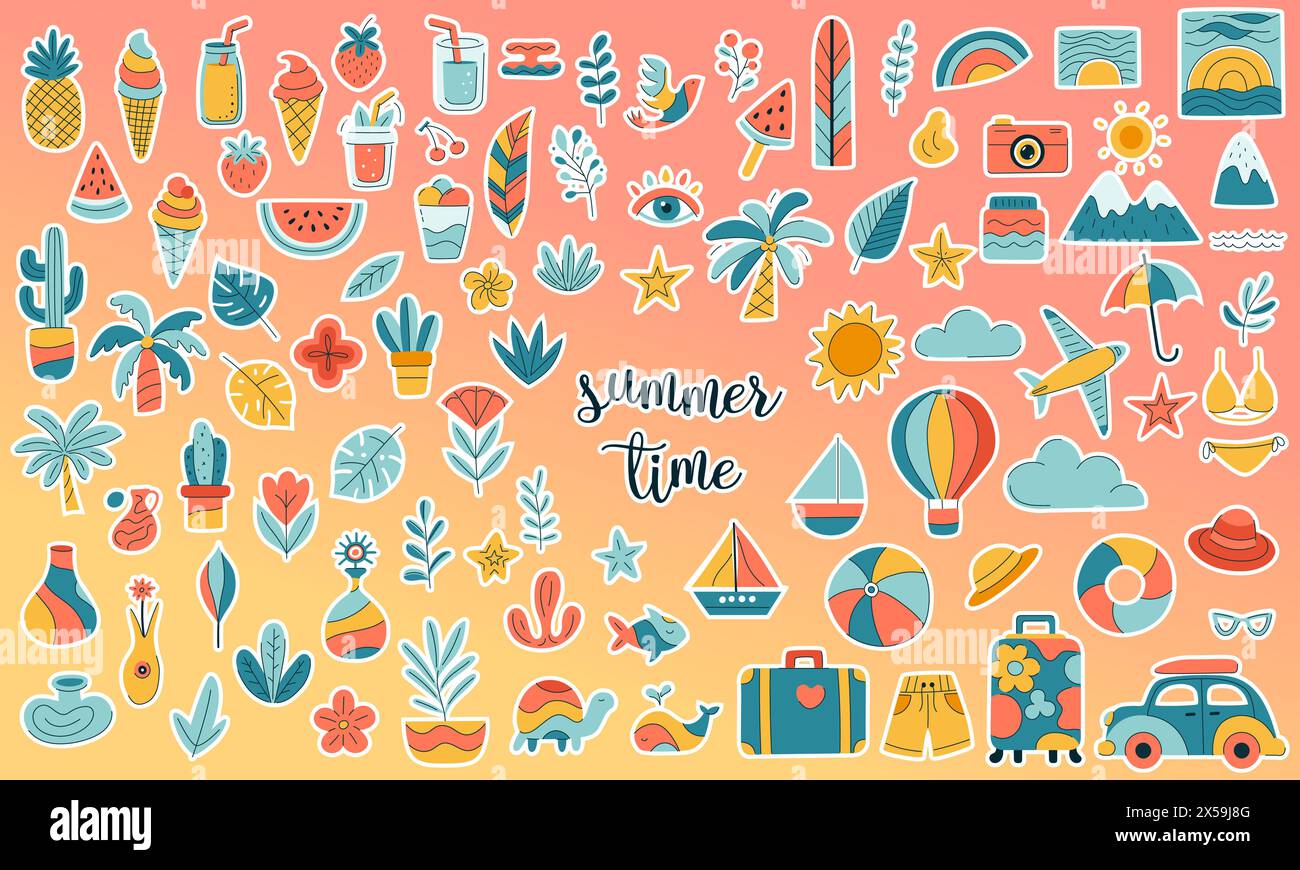 Set of stickers with colorful images related to summer travel, leisure ...