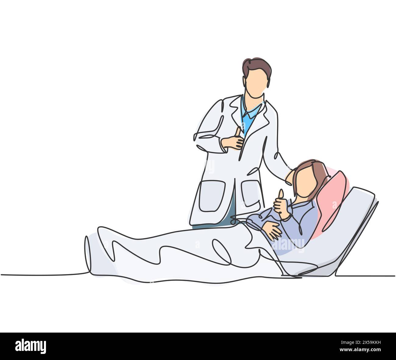 One line drawing of young happy doctor visiting patient who are lying ...