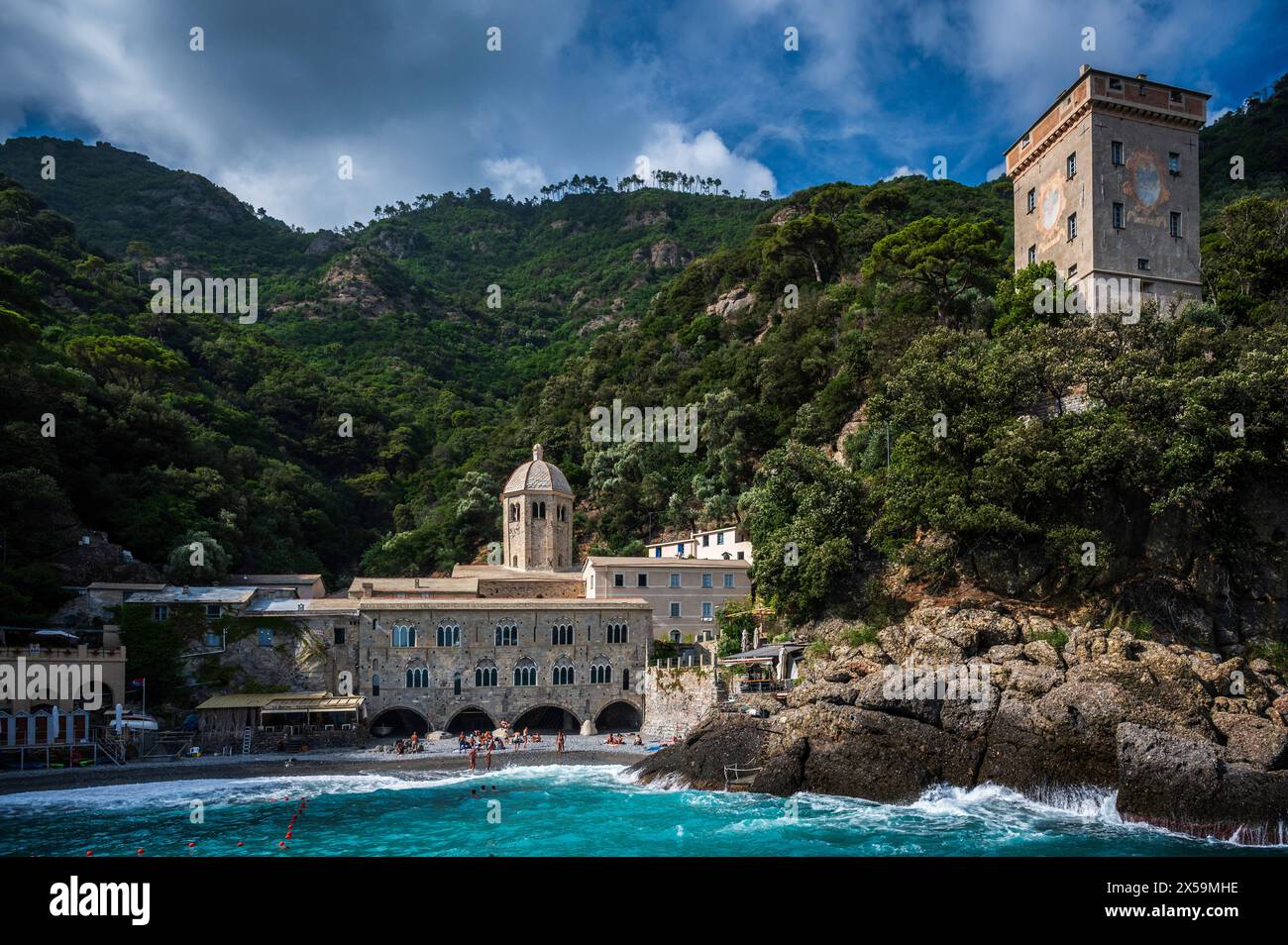 Magic of Liguria. Timeless images. Ancient abbey of San Fruttuoso, bay ...