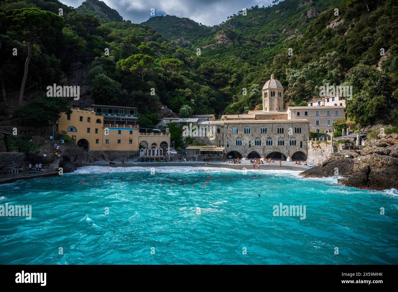 Magic of Liguria. Timeless images. Ancient abbey of San Fruttuoso, bay ...