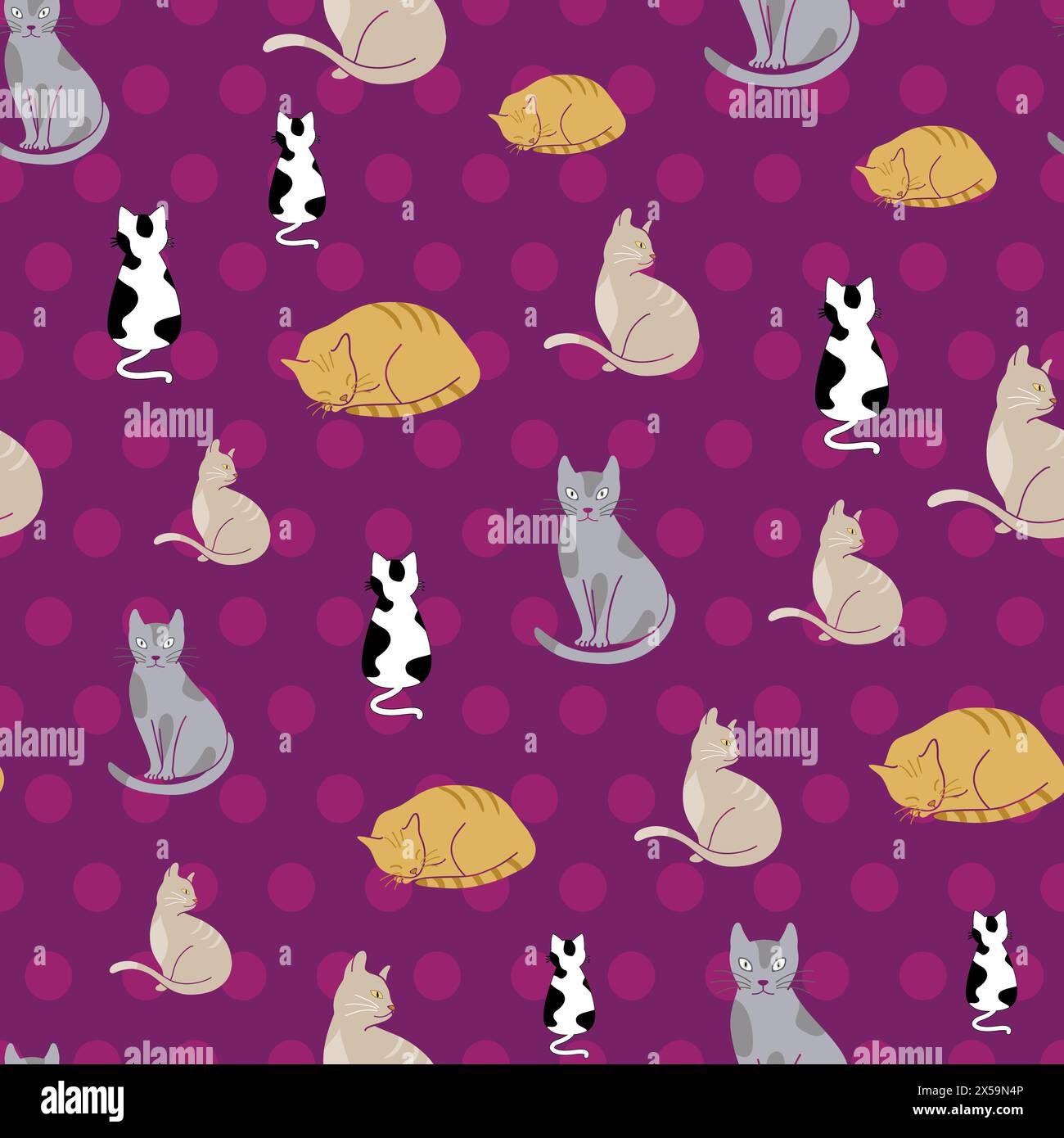 Seamless vector pattern with cats on purple background with polka dots ...