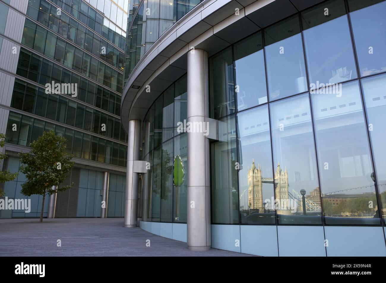 Southwark Crown Court, office buildings with Tower Bridge reflected on ...