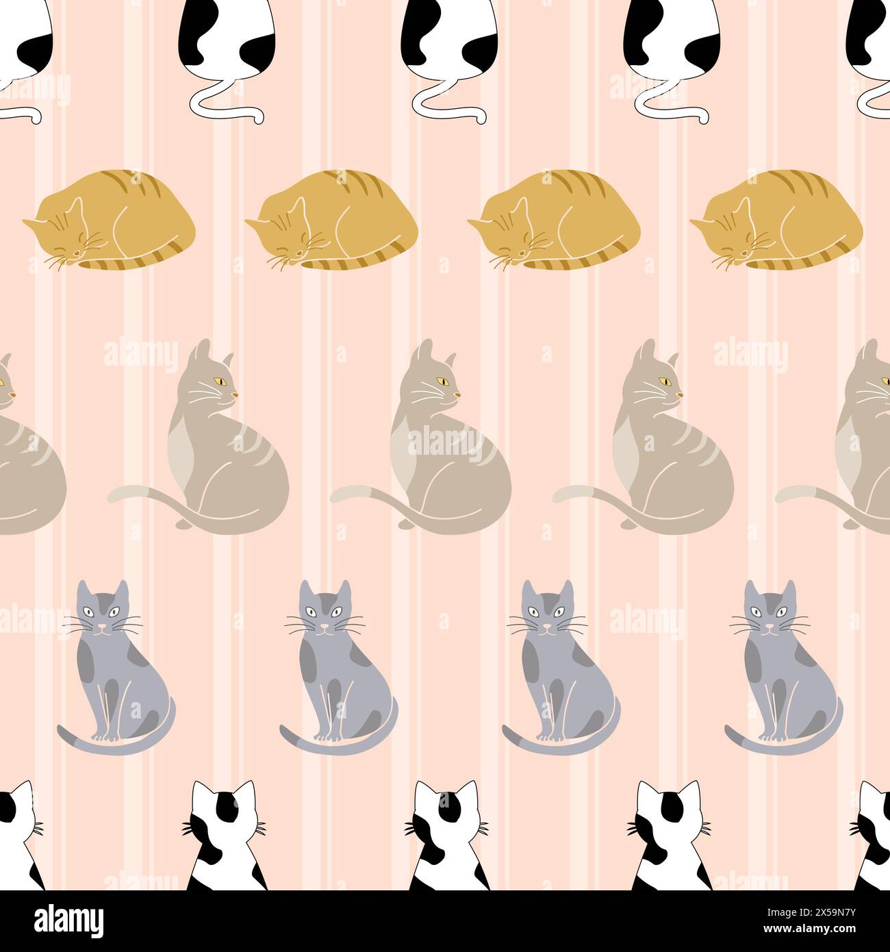Cats seamless pattern on beige stripes background illustration Stock ...