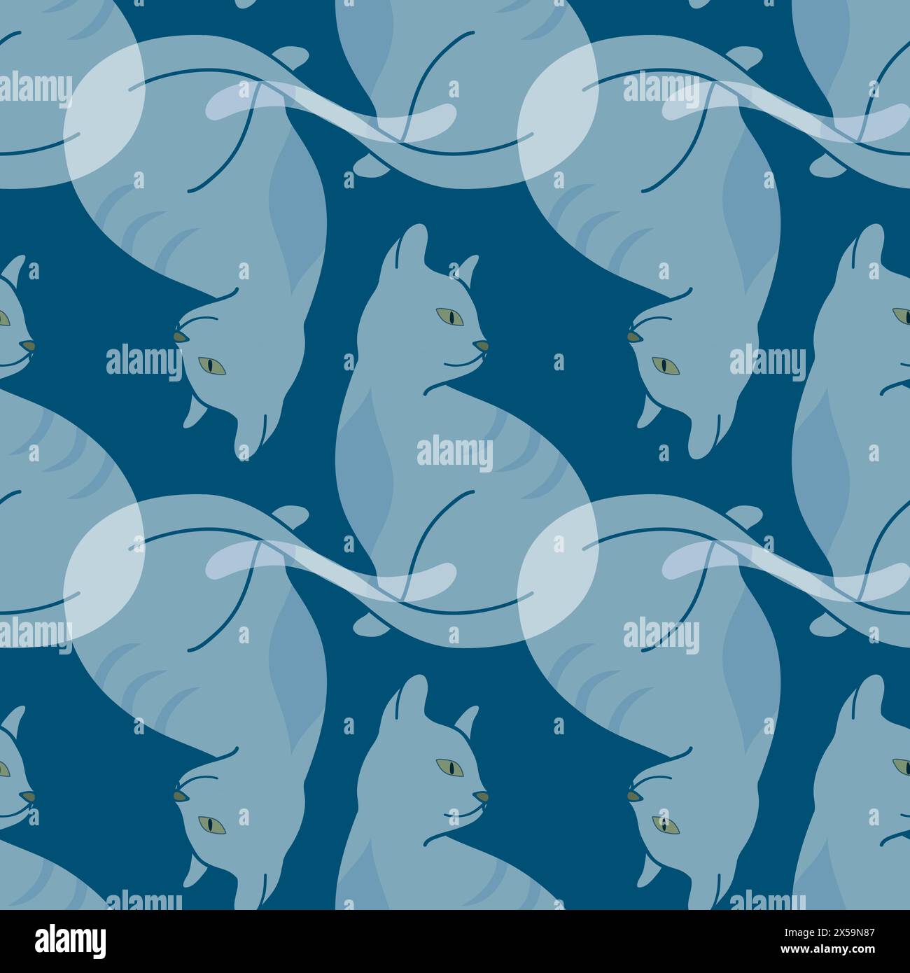 White translucent cat seamless pattern on blue background illustration ...