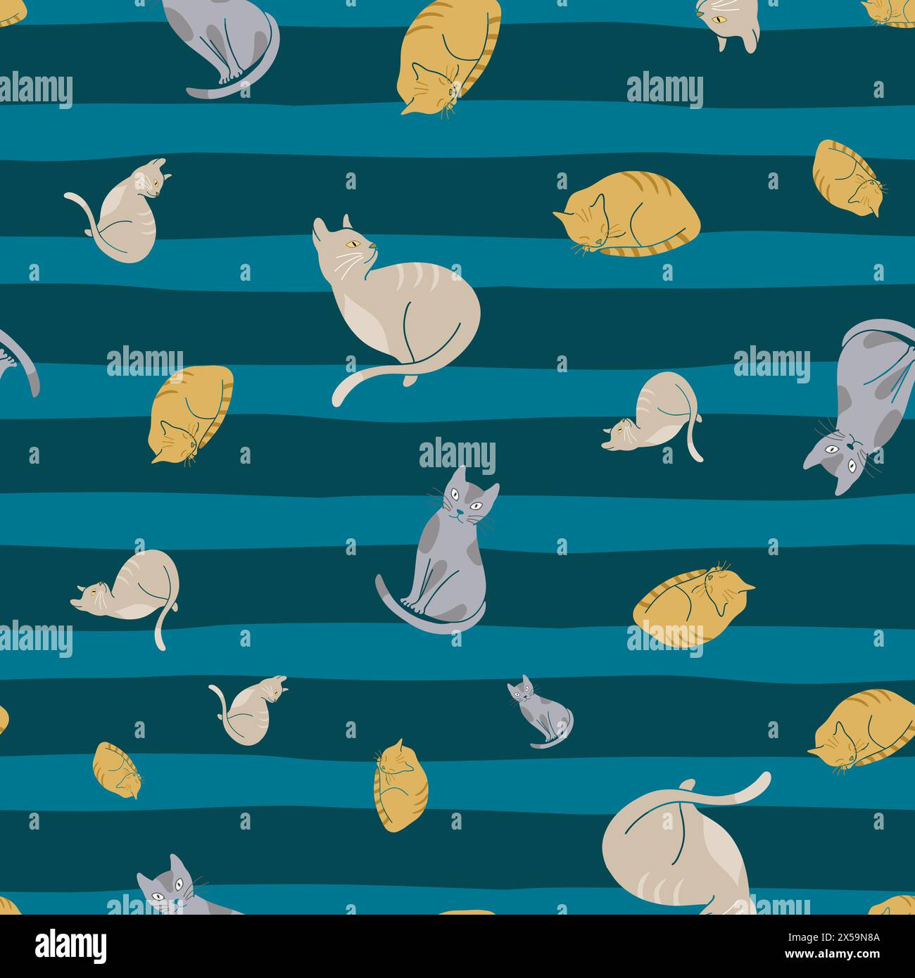 Seamless pattern with cute cats on turquoise green stripes background ...