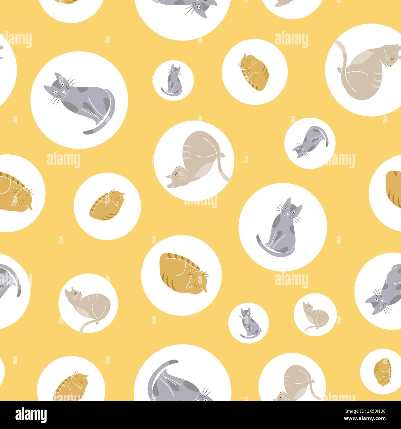 Seamless vector pattern with cats and circles on yellow background ...