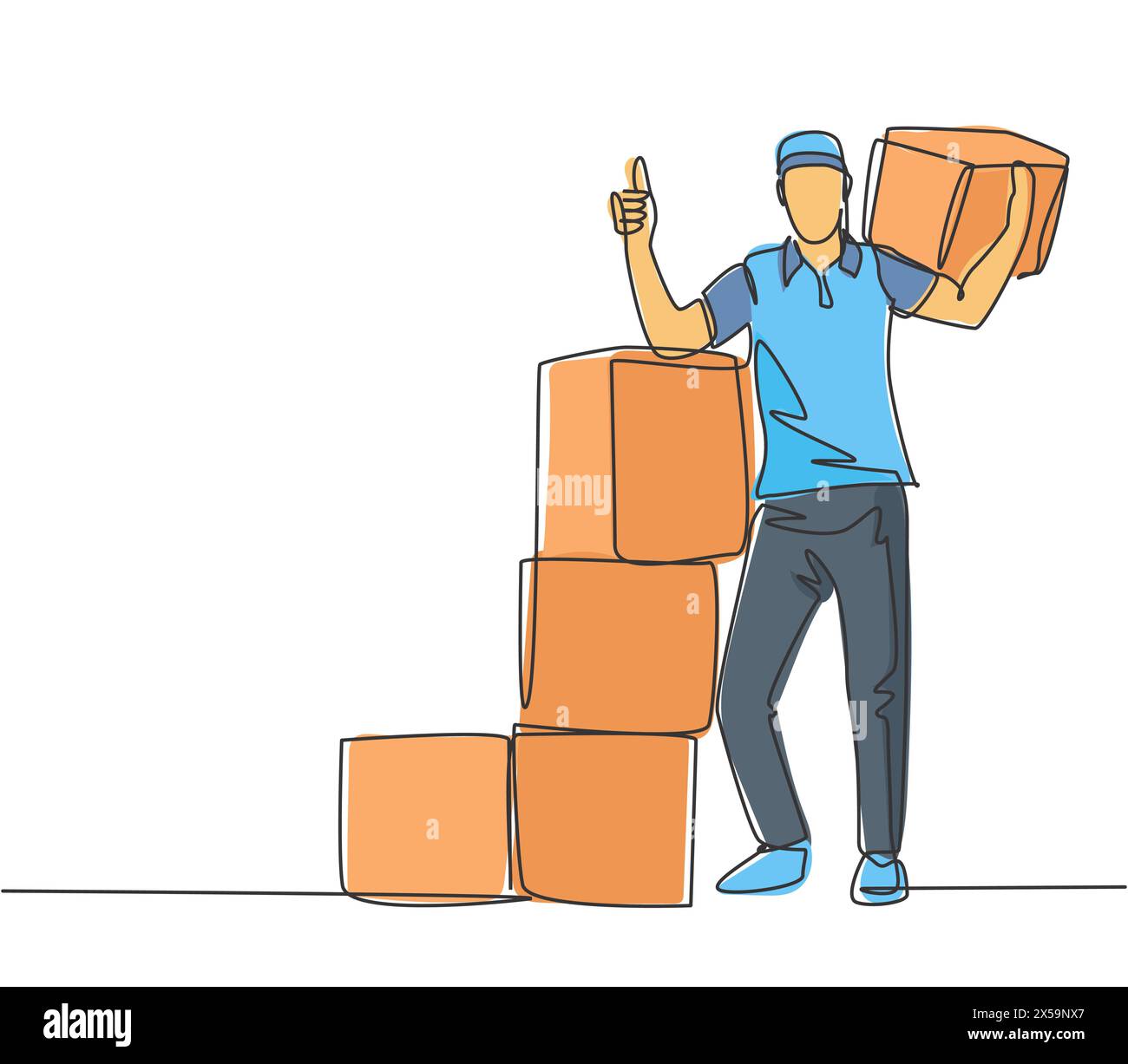 One line drawing of young delivery man gives thumbs up gesture while ...