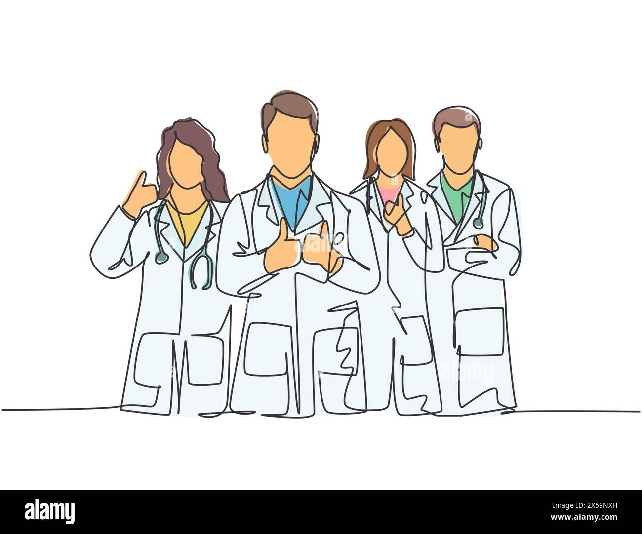 One line drawing of groups of young male and female doctors giving ...
