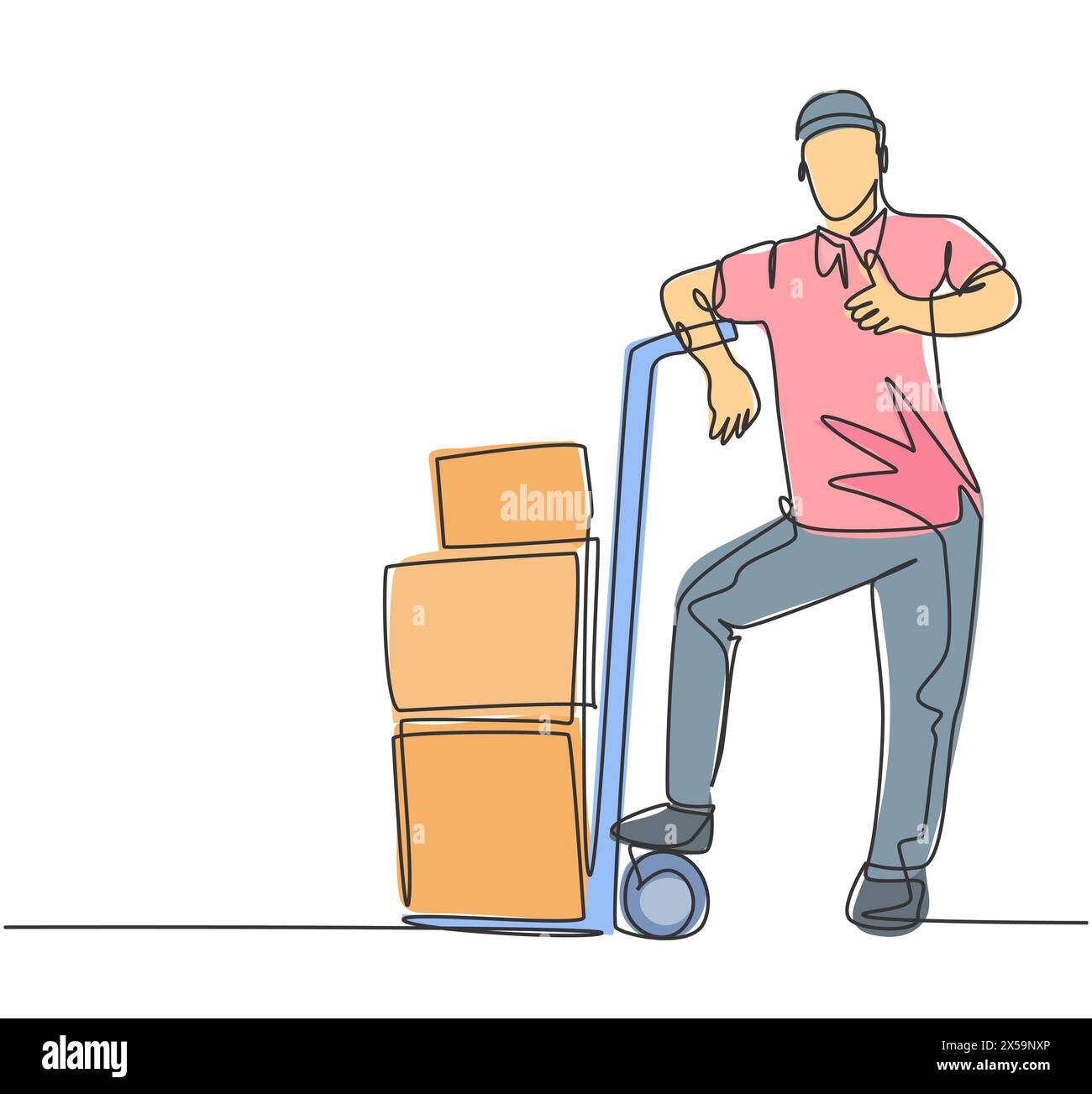 One line drawing of young delivery man gives thumbs up gesture while ...