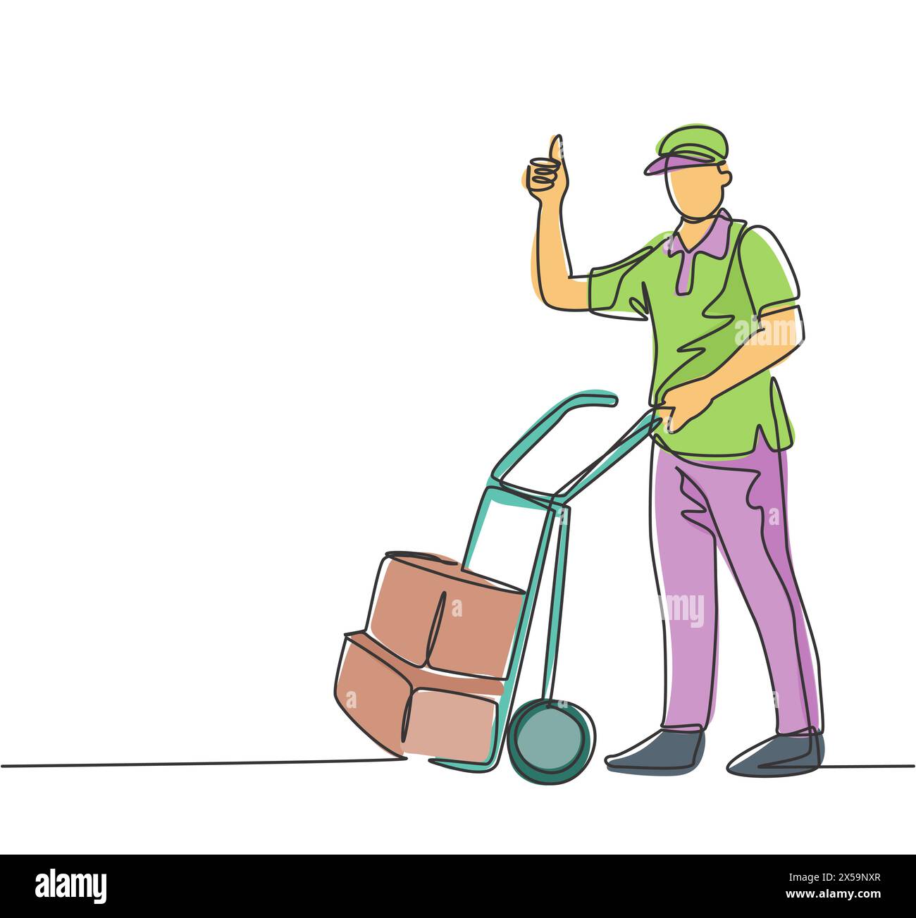 One line drawing of young delivery man gives thumbs up gesture while ...