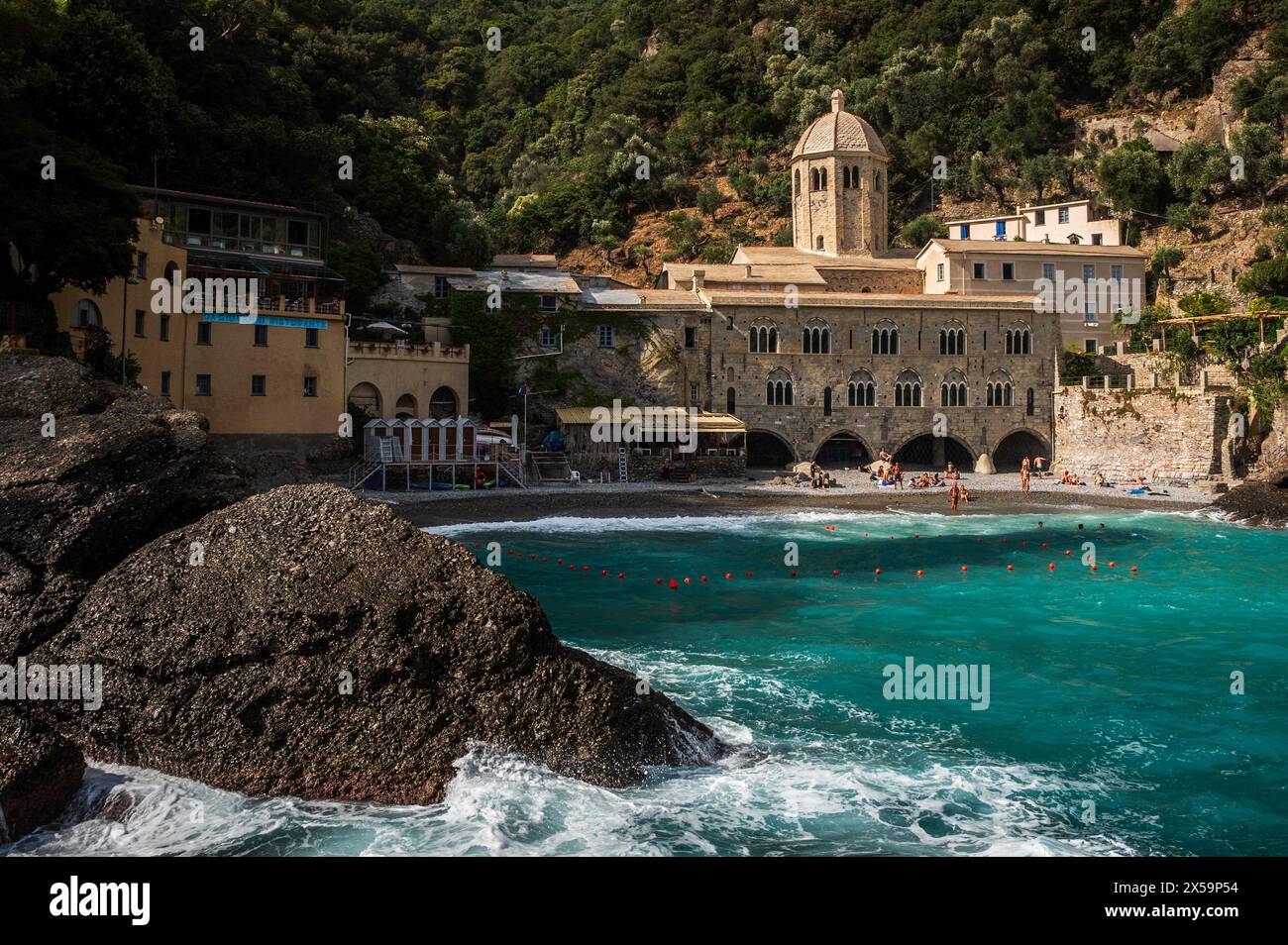 Magic of Liguria. Timeless images. Ancient abbey of San Fruttuoso, bay ...