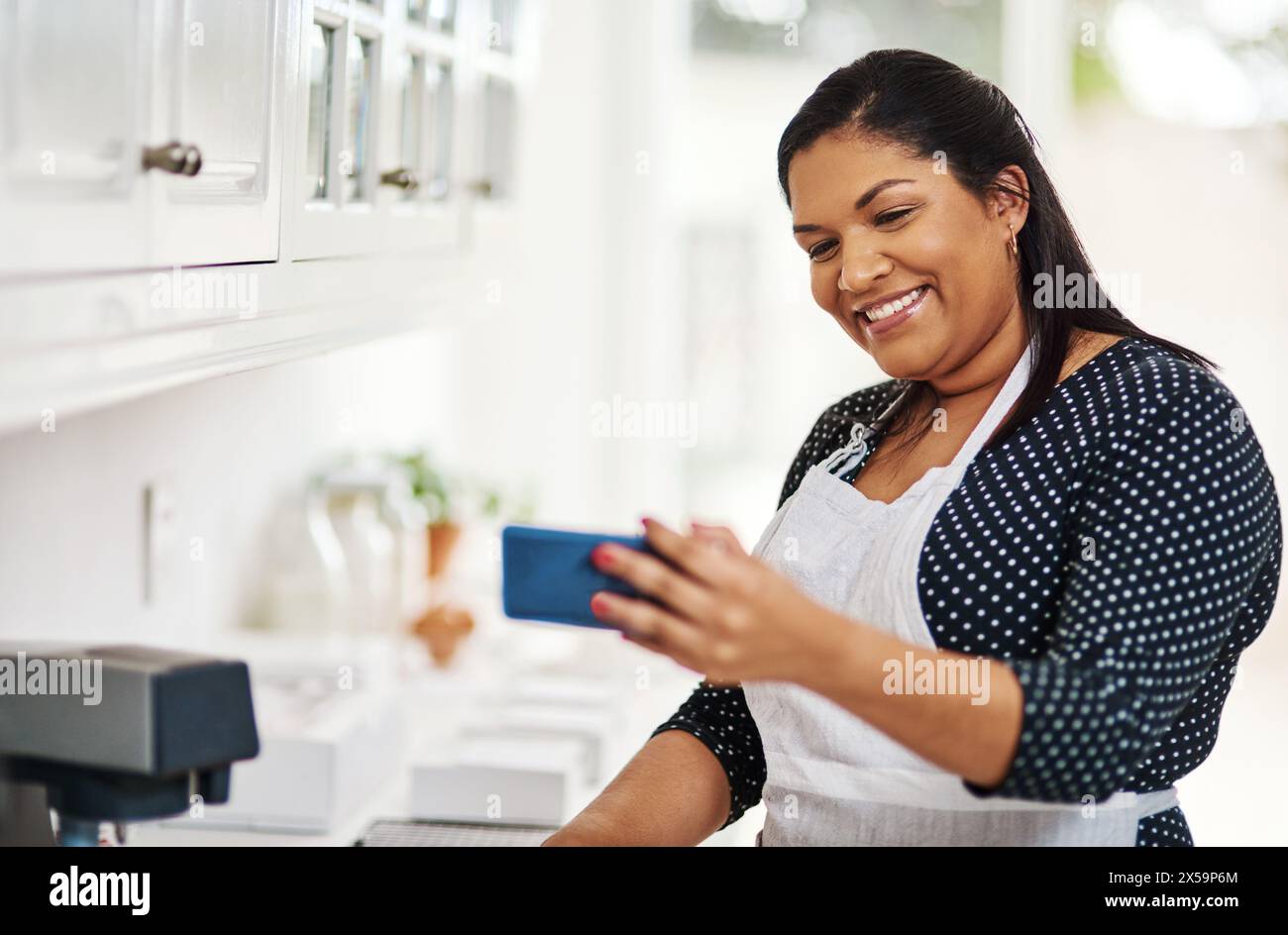 Woman, chef and selfie in kitchen while cooking as influencer live ...