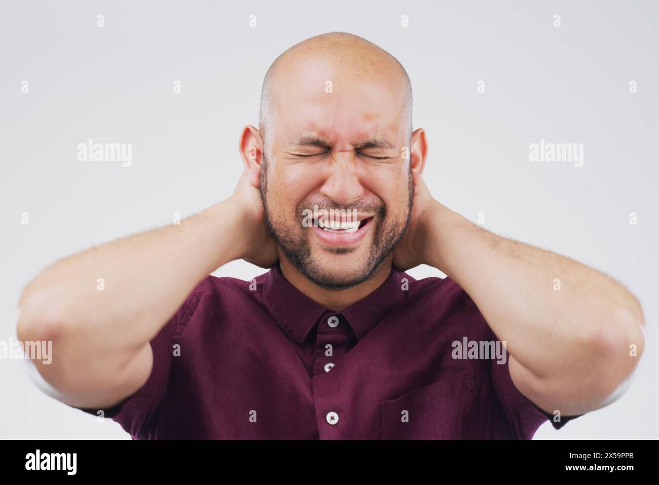 Man, studio and neck pain with tension or stress at work, teacher with ...