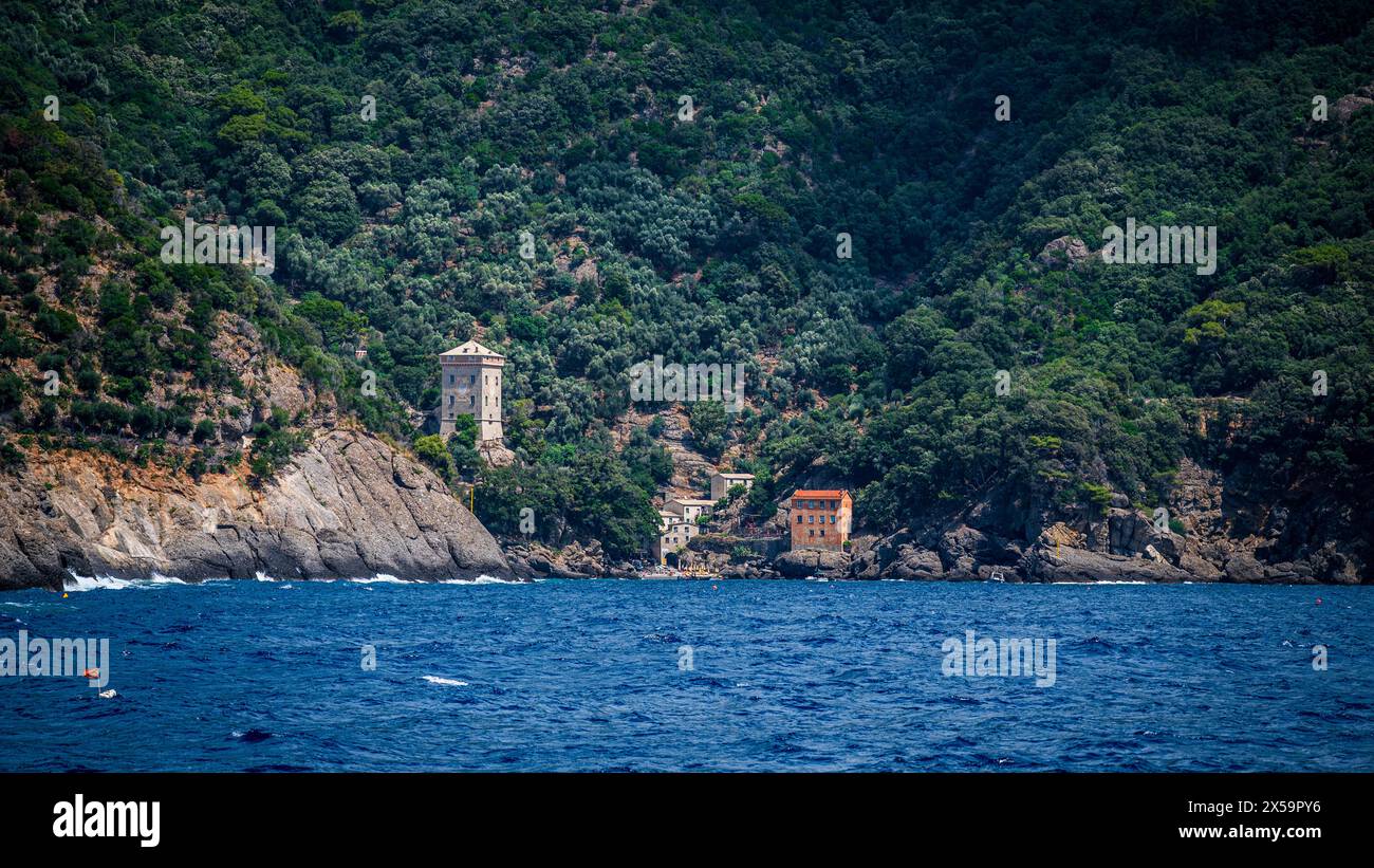 Magic of Liguria. Timeless images. Ancient abbey of San Fruttuoso, bay ...