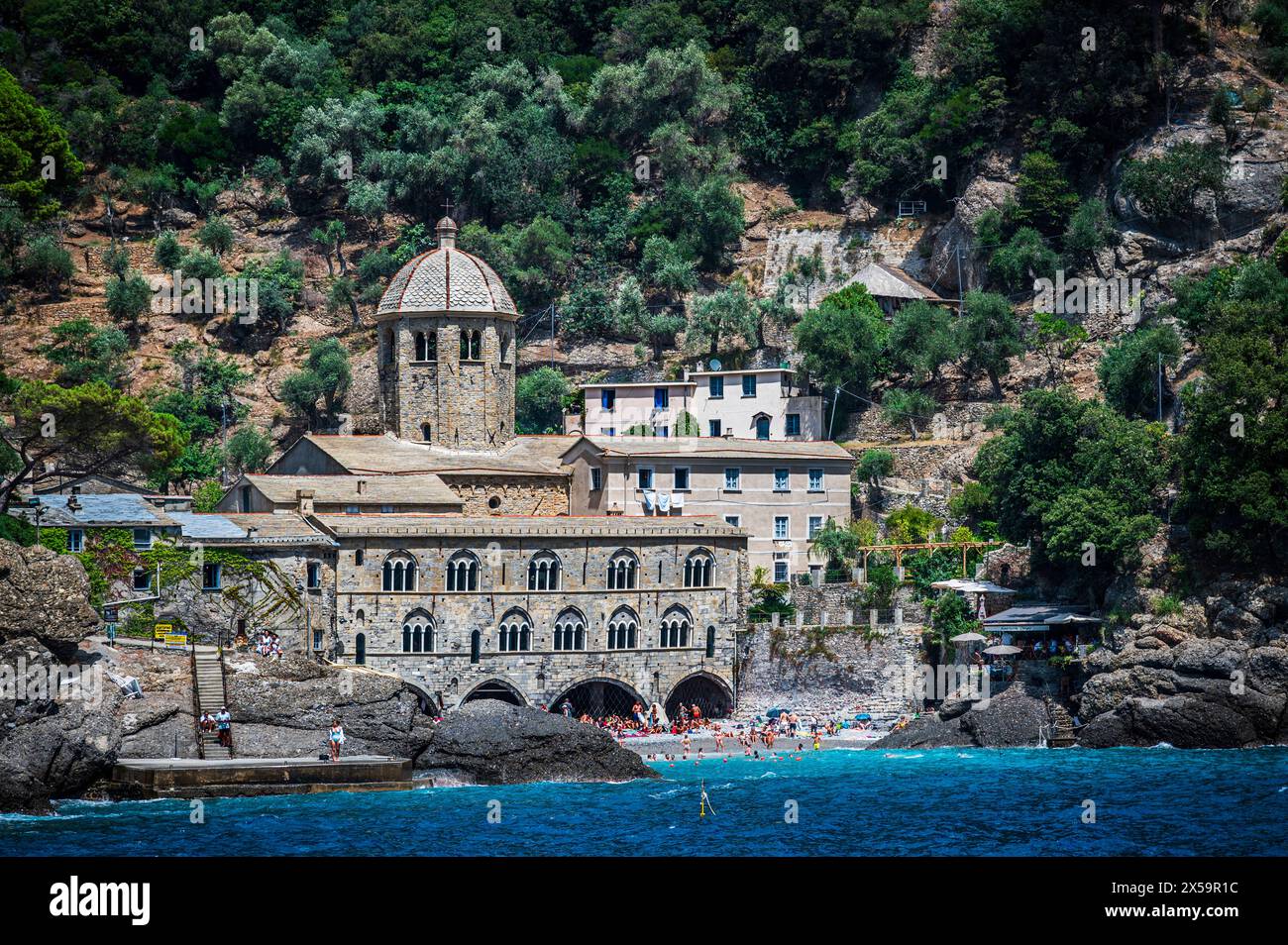 Magic of Liguria. Timeless images. Ancient abbey of San Fruttuoso, bay ...