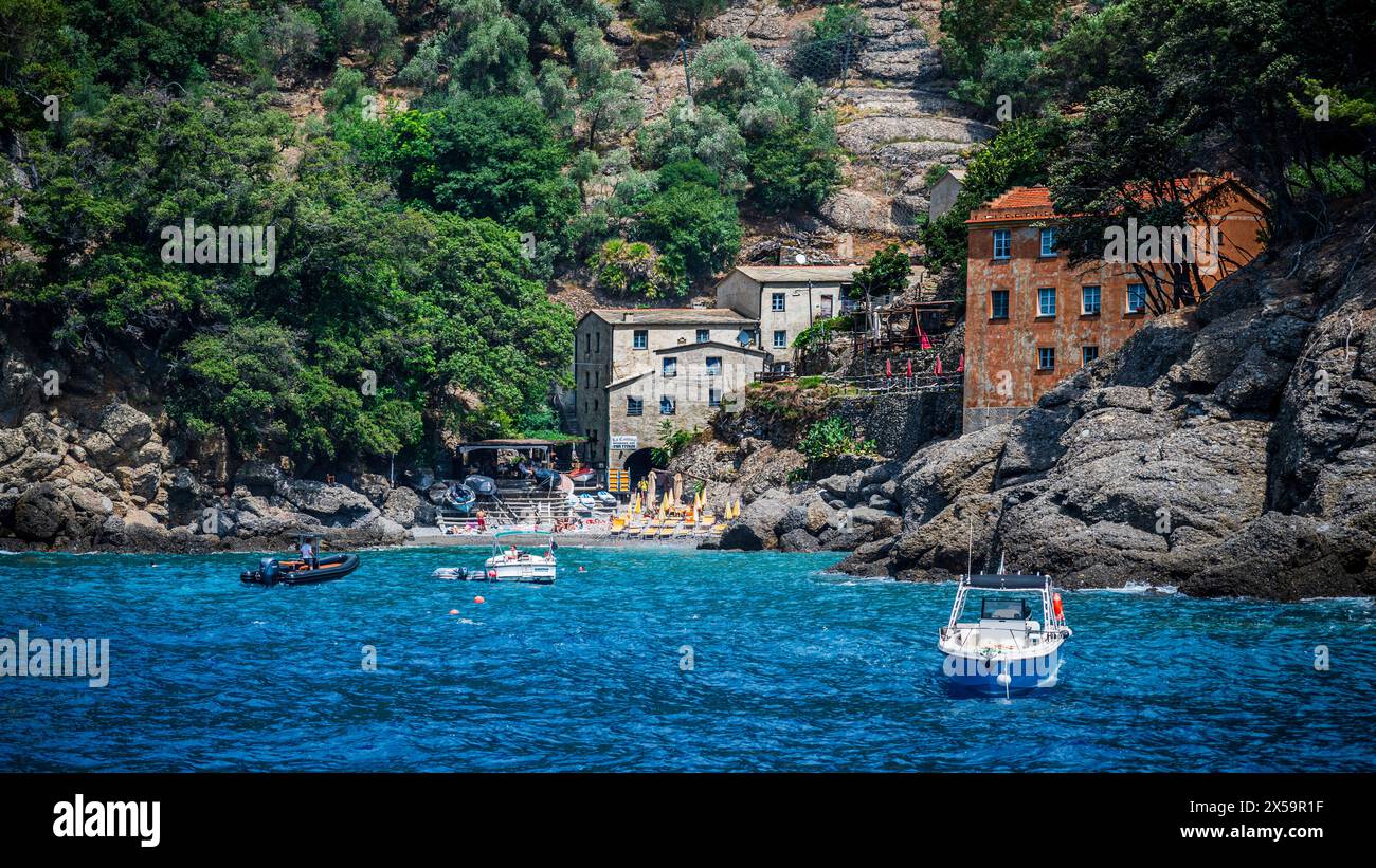 Magic of Liguria. Timeless images. Ancient abbey of San Fruttuoso, bay ...