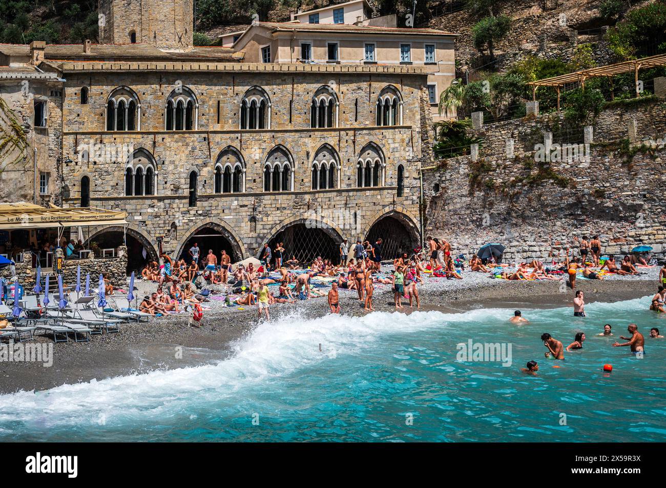 Magic of Liguria. Timeless images. Ancient abbey of San Fruttuoso, bay ...