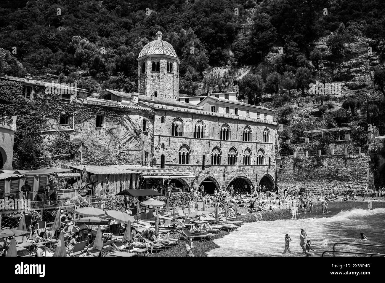 Magic of Liguria. Timeless images. Ancient abbey of San Fruttuoso, bay ...