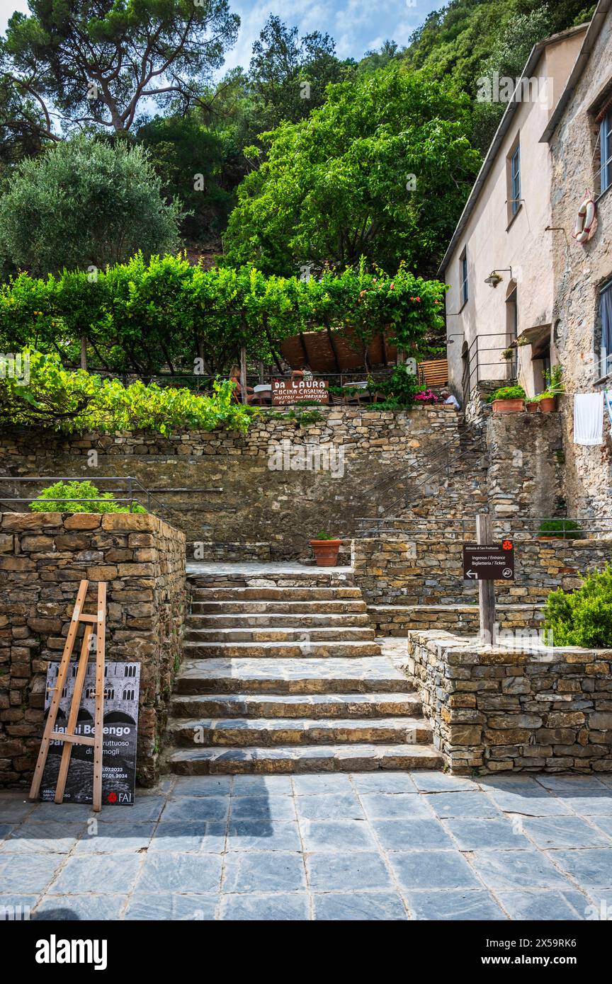 Magic of Liguria. Timeless images. Ancient abbey of San Fruttuoso, bay ...