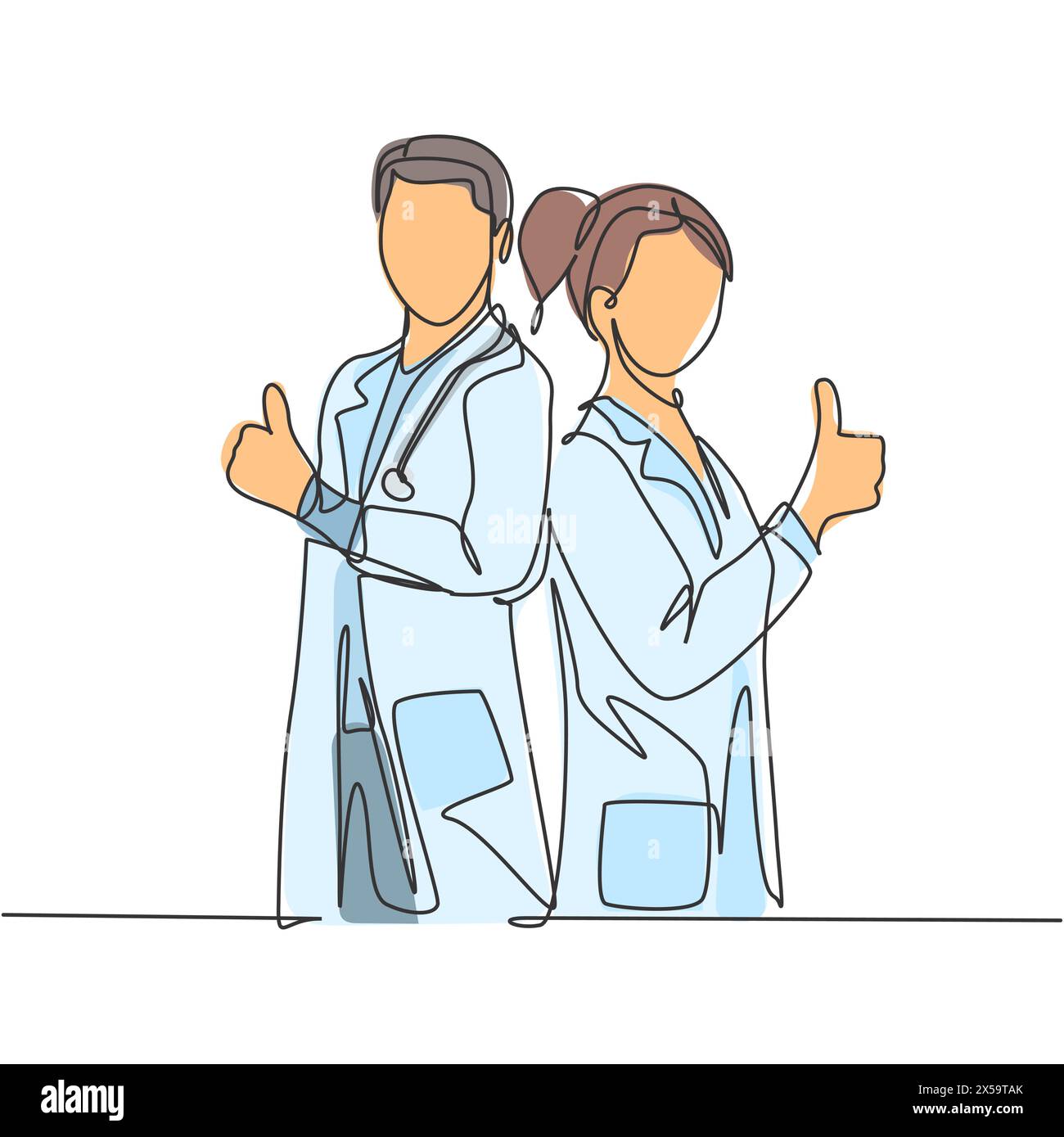 Single line drawing of young happy couple male and female doctor ...