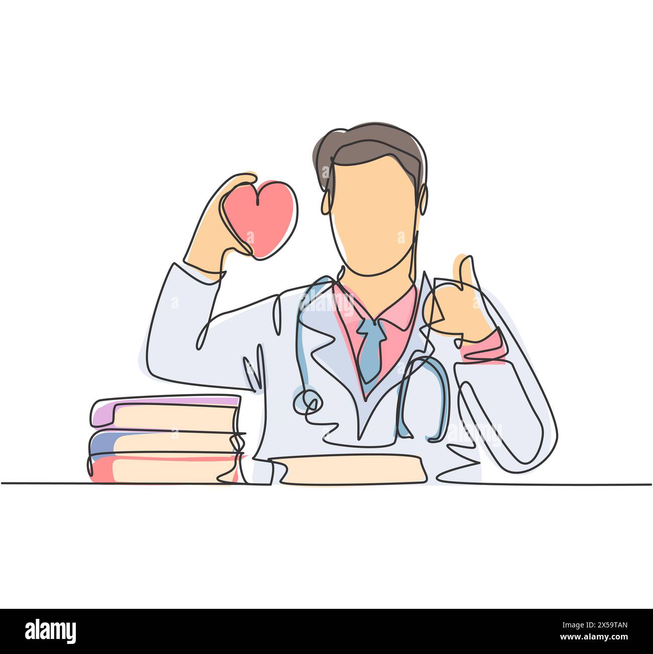 One line drawing of young happy male doctor holding heart replica on ...