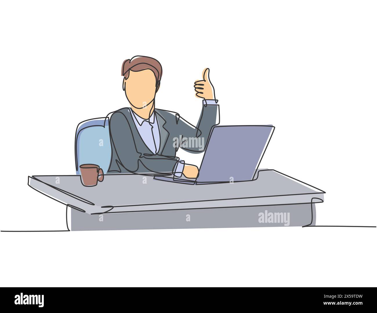 Single line drawing of young businessman sitting on chair in front of ...