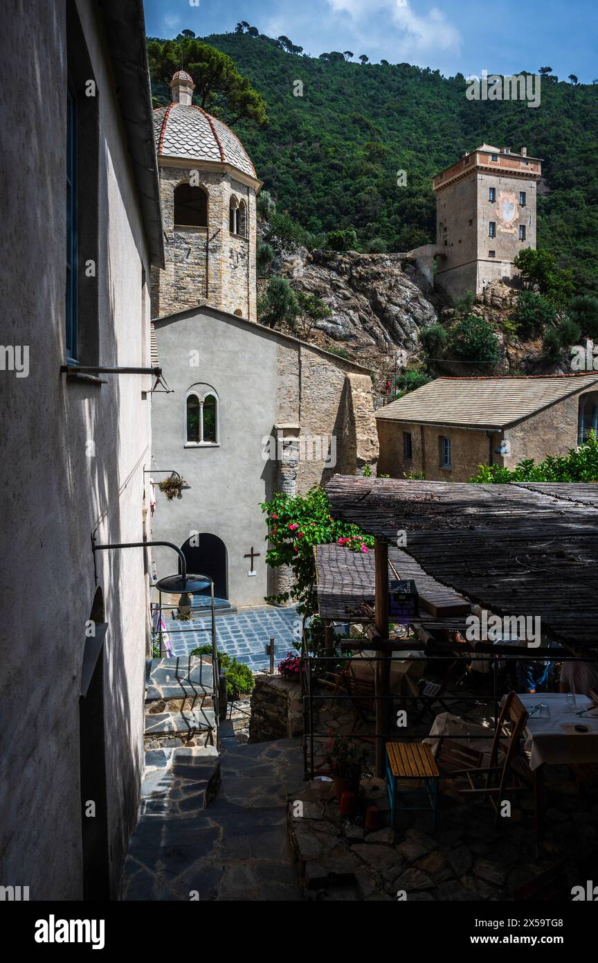 Magic of Liguria. Timeless images. Ancient abbey of San Fruttuoso, bay ...