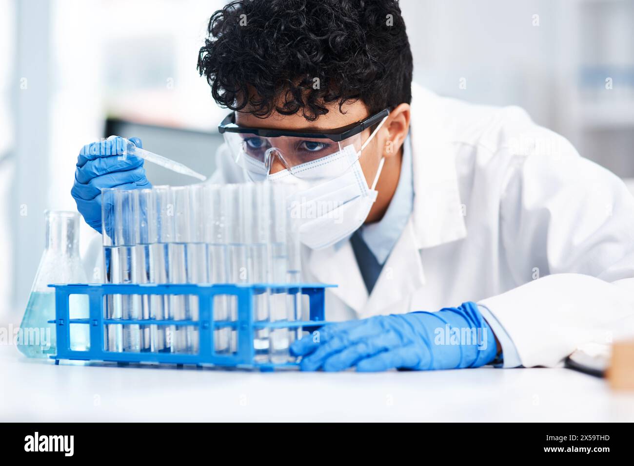 Science, man or test tube for safety or development, pharmaceutical or ...