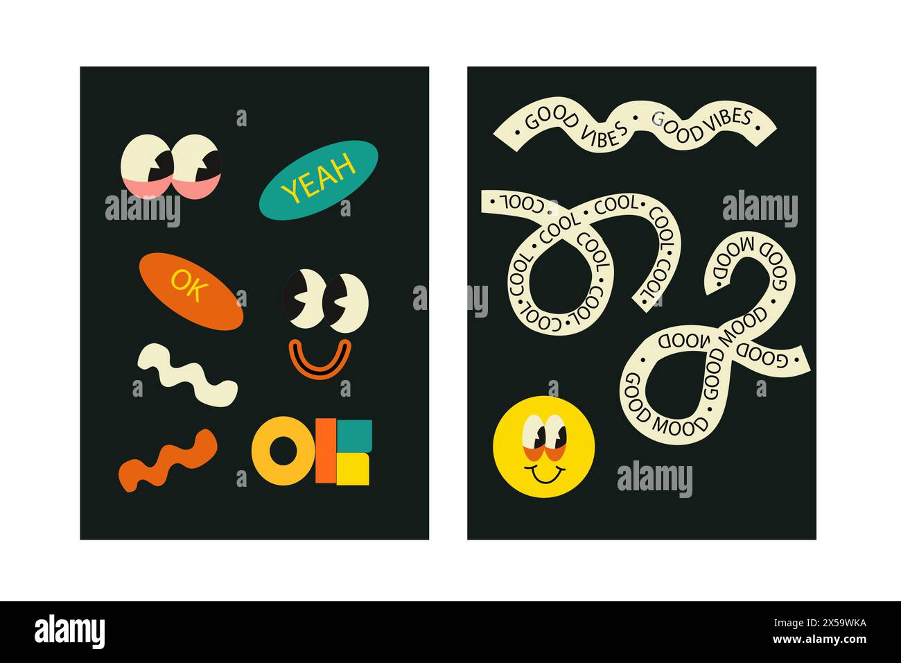 Brutalist posters set with naive playfull shapes and smile stickers ...