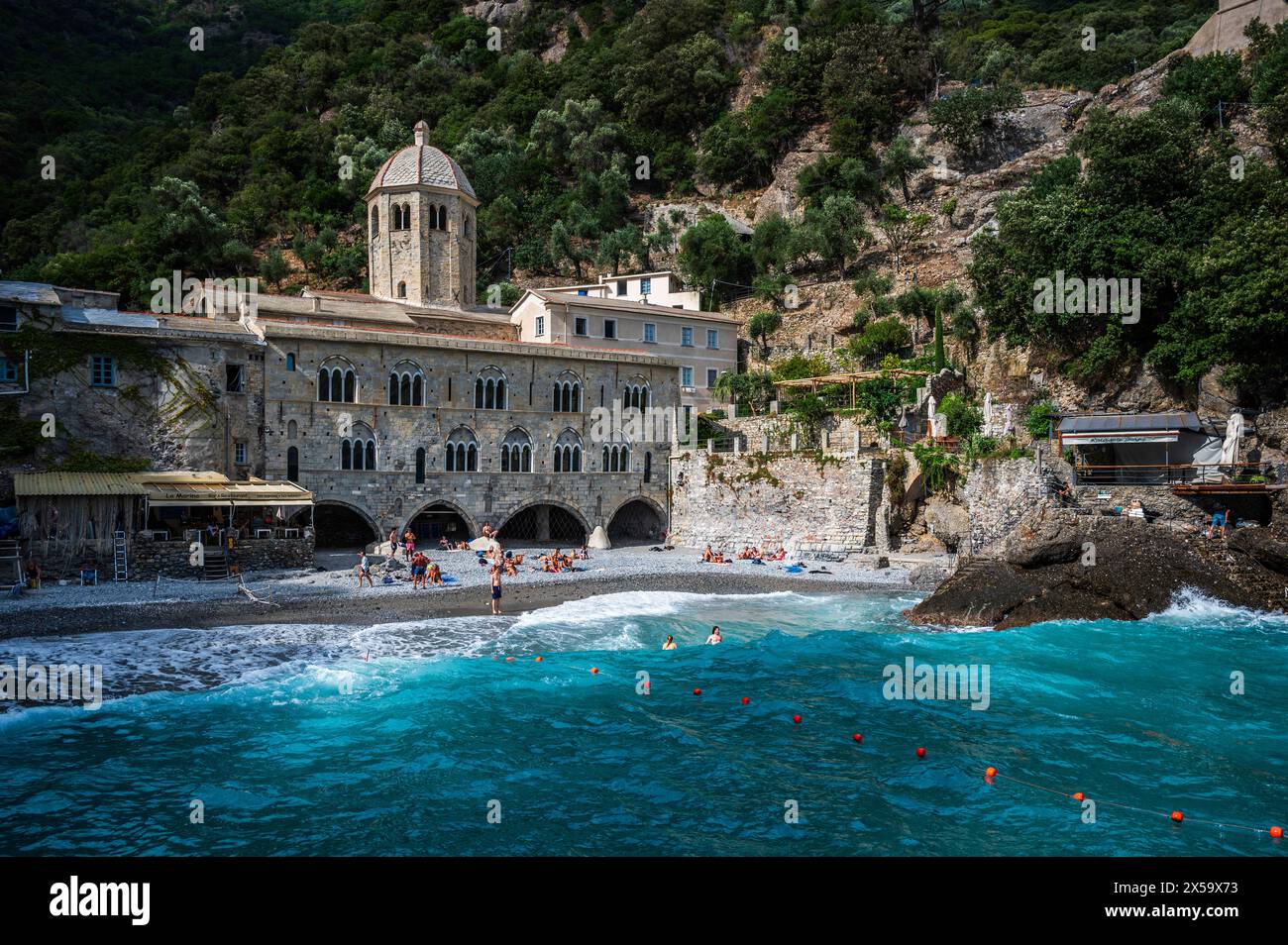 Magic of Liguria. Timeless images. Ancient abbey of San Fruttuoso, bay ...