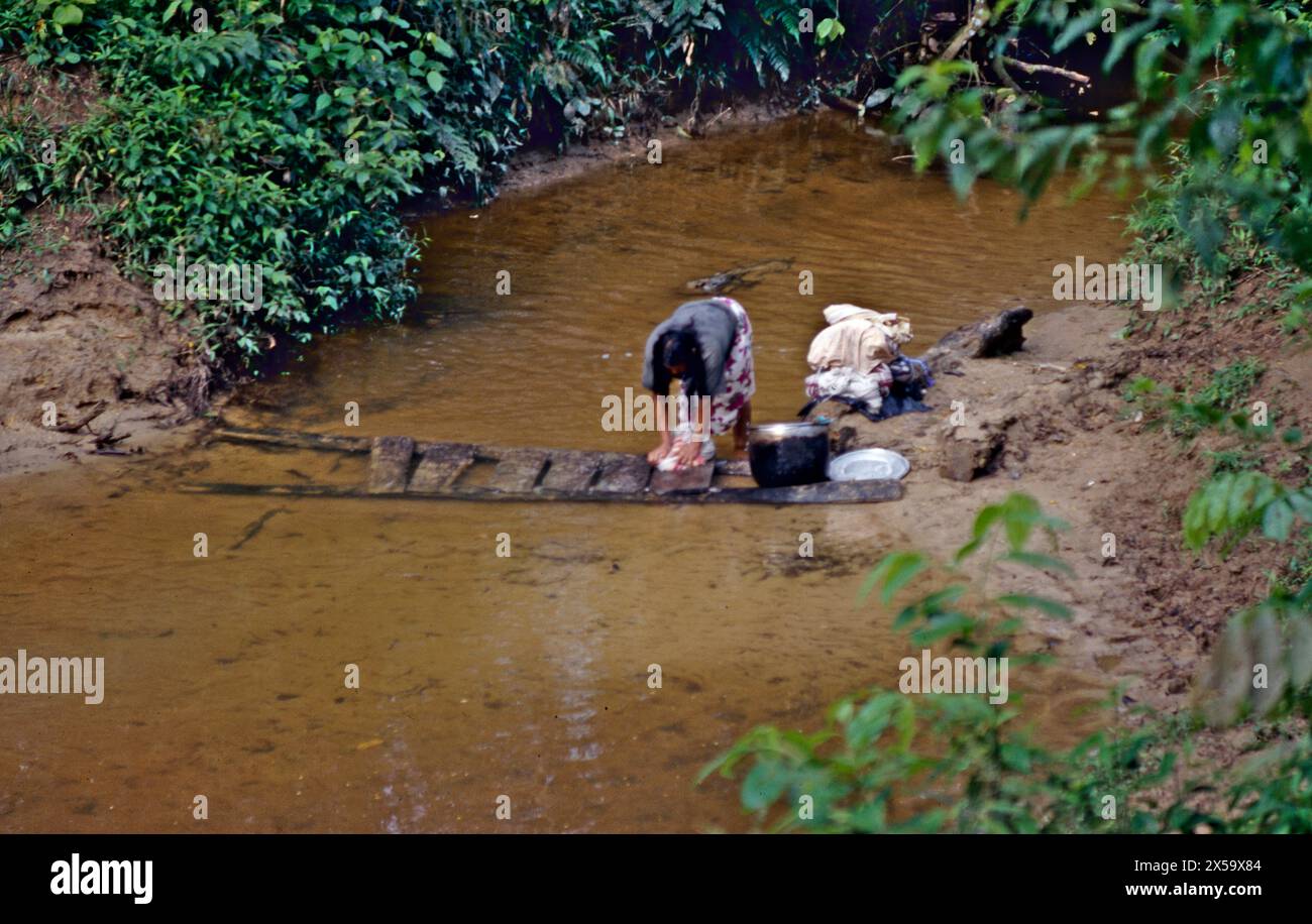 An indigenous Huaorani woman does laundry in a river in her village in ...