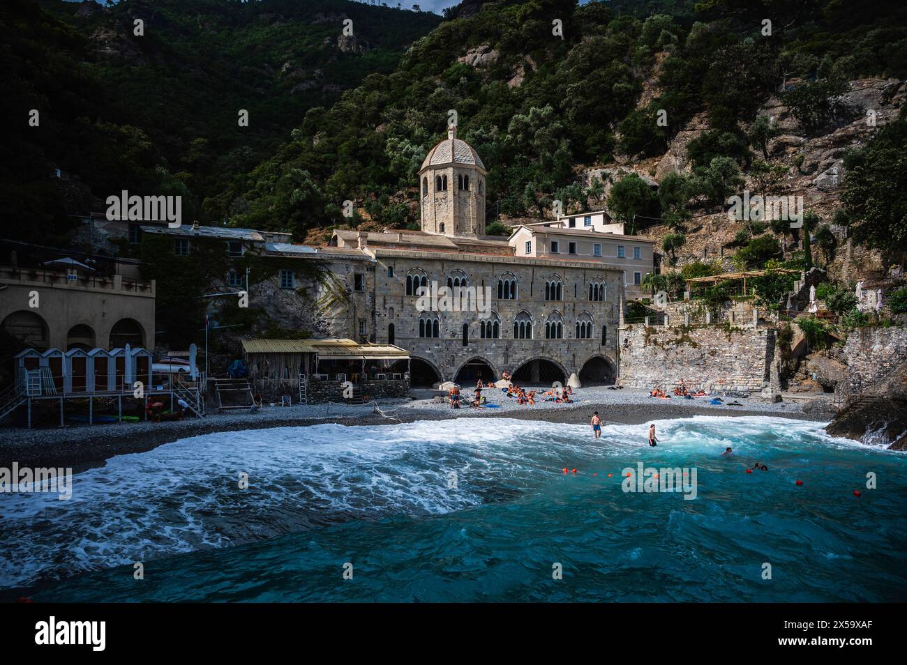 Magic of Liguria. Timeless images. Ancient abbey of San Fruttuoso, bay ...