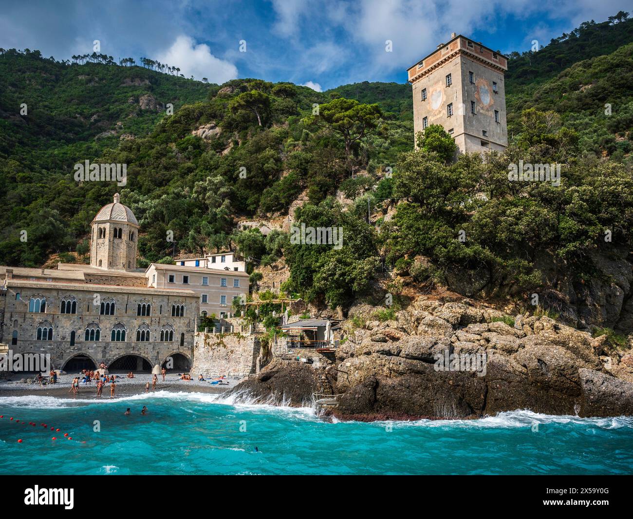 Magic of Liguria. Timeless images. Ancient abbey of San Fruttuoso, bay ...