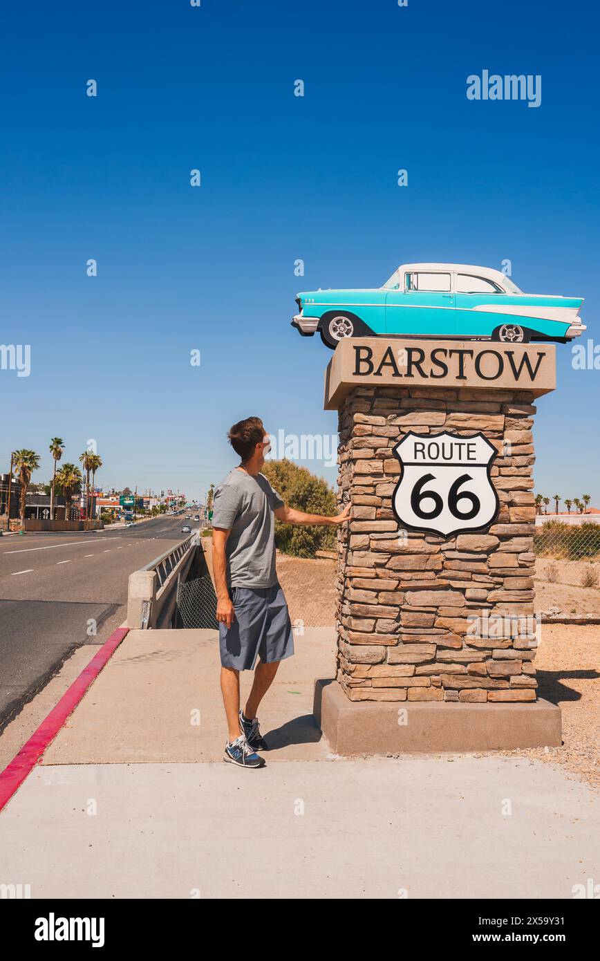 Iconic Route 66 Sign with Classic Car, Barstow, USA Stock Photo - Alamy