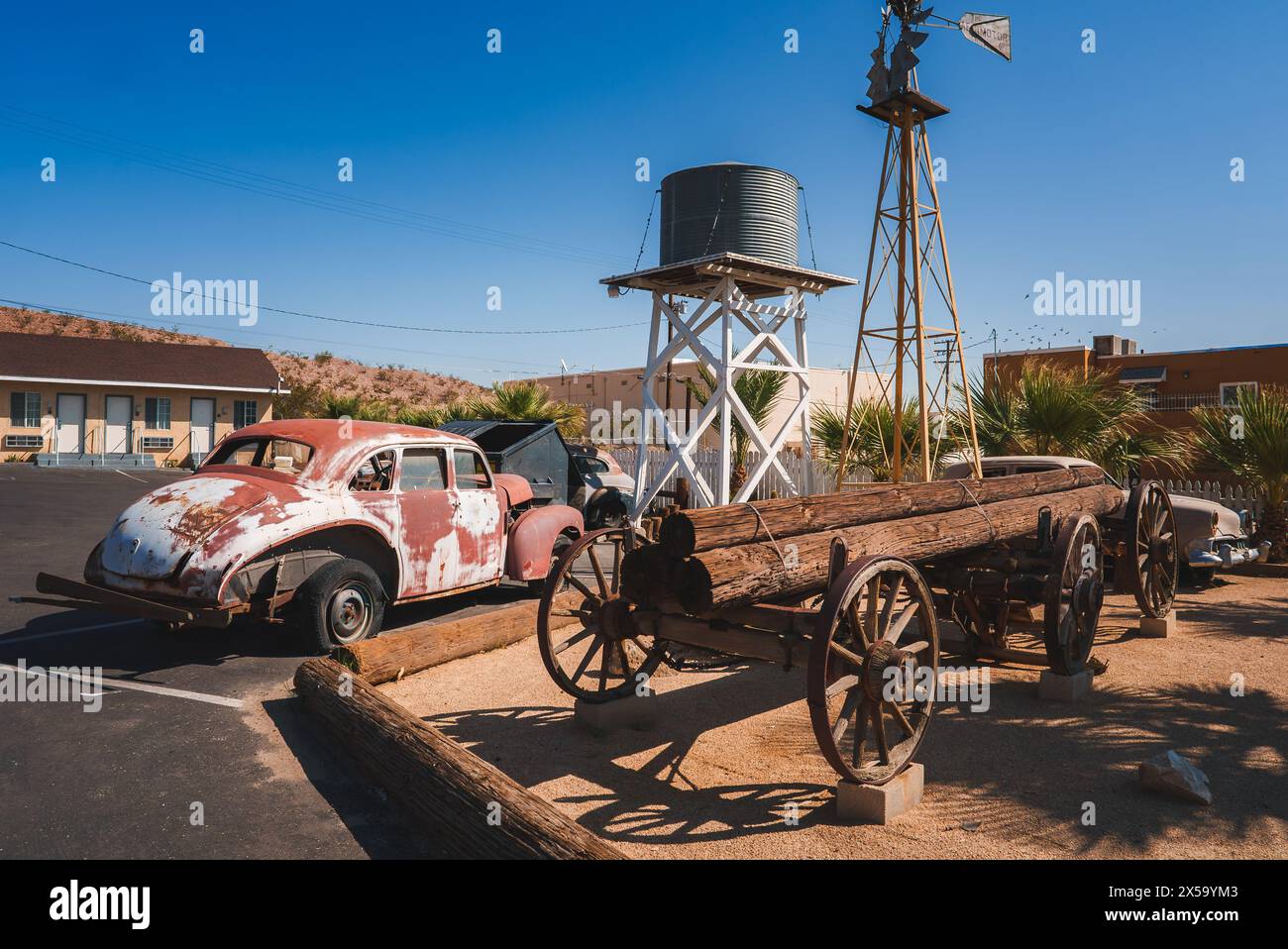 Vintage Scene with Wooden Wagon, Beetle Car, Windmill in Barstow USA ...