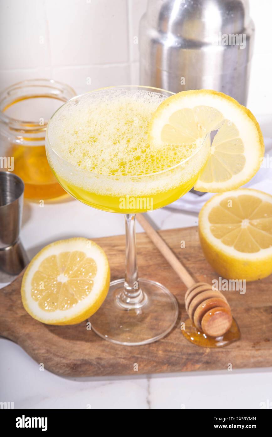 Sweet and sour boozy alcohol bee's knees cocktail. Homemade citrus ...