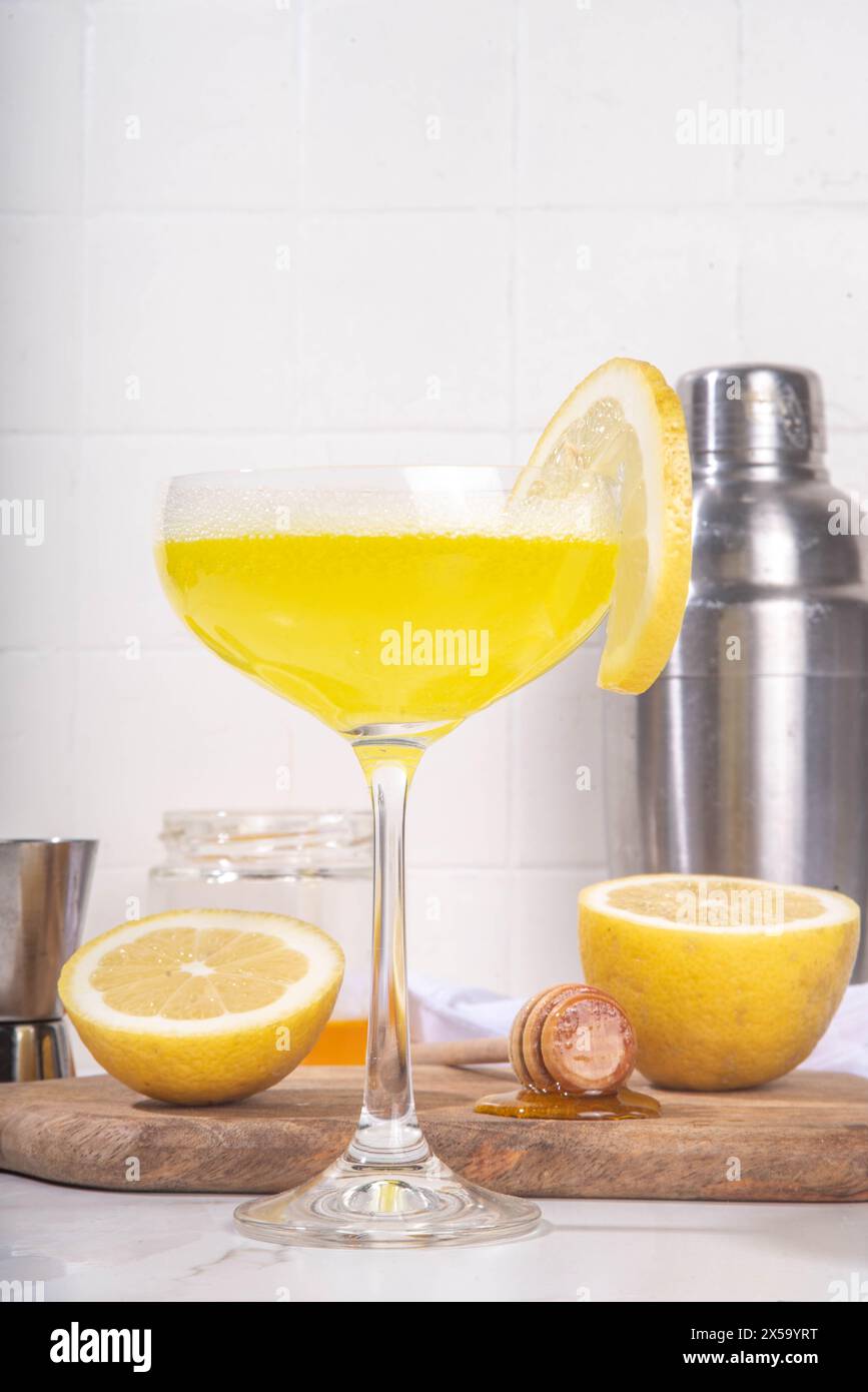 Sweet and sour boozy alcohol bee's knees cocktail. Homemade citrus ...