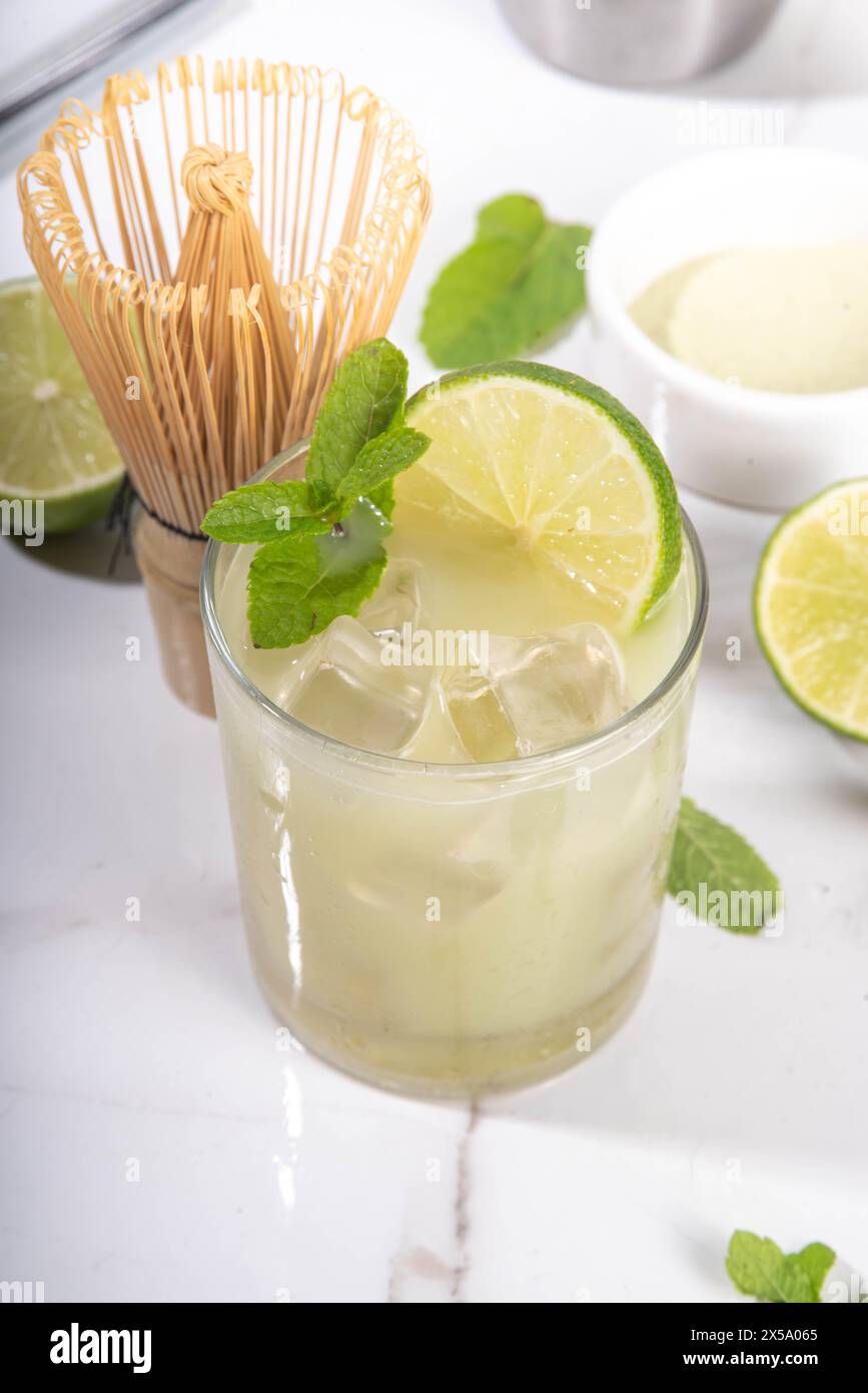 Lime and matcha healthy sour margarita cocktail, iced matcha green tea ...