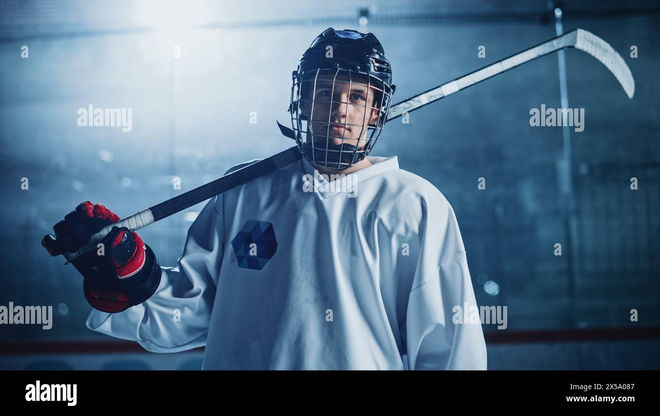 Ice Hockey Rink Arena: Portrait of Confident Professional Player ...