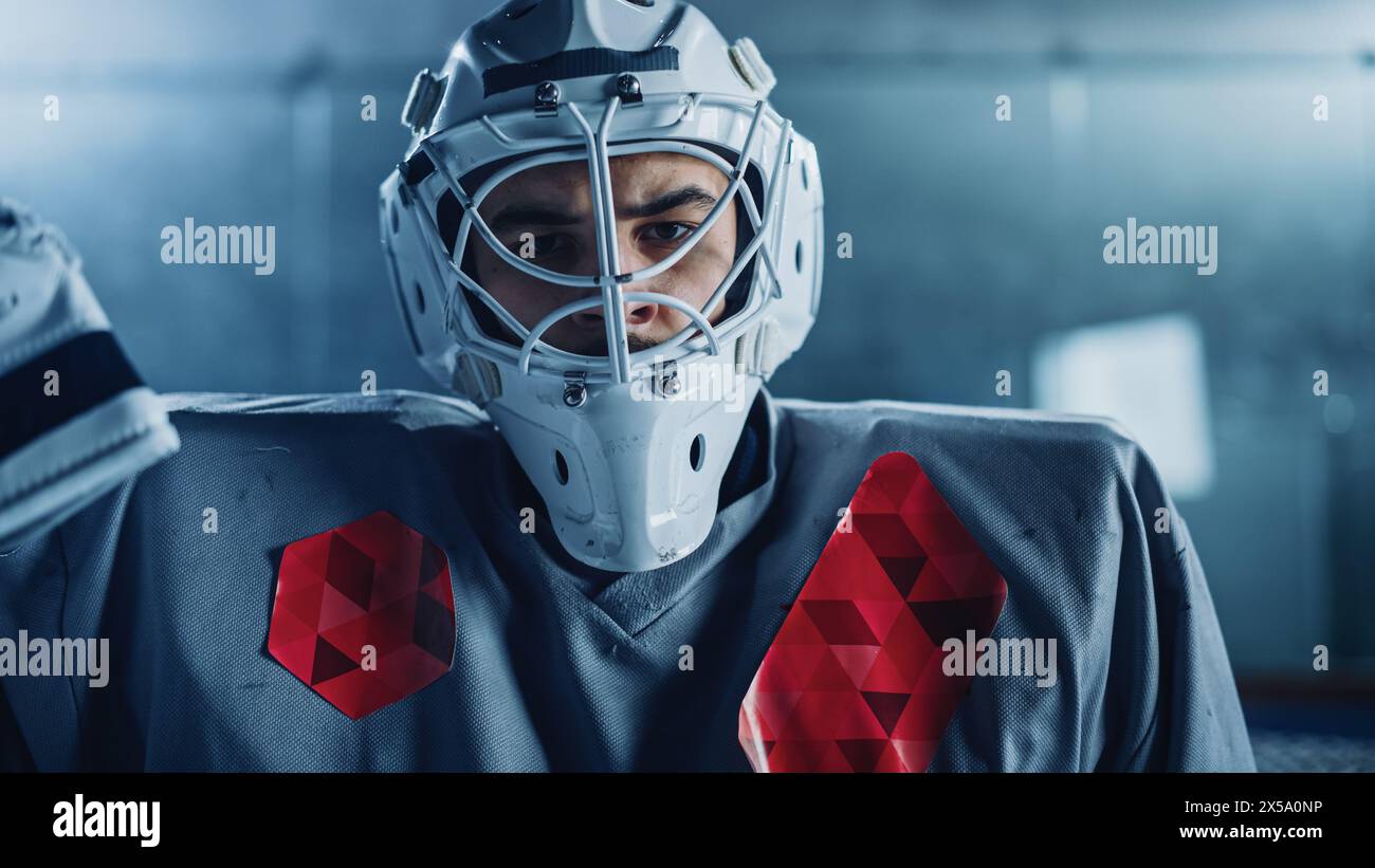 Ice Hockey Rink Arena: Portrait of Brutal Professional Goalkeeper ...