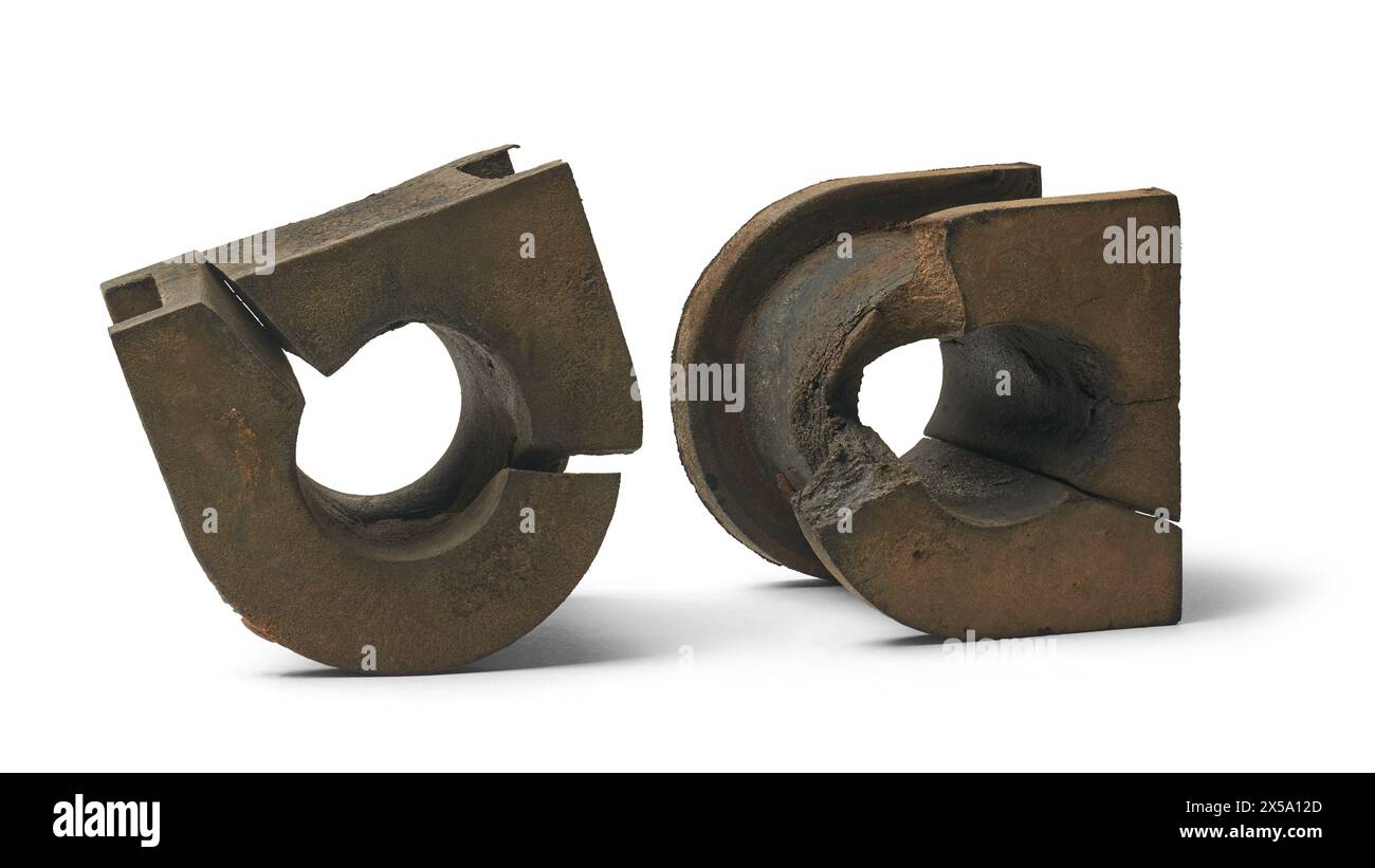 used broken vehicle stabilizer rubber bushings, dirty worn-out car ...