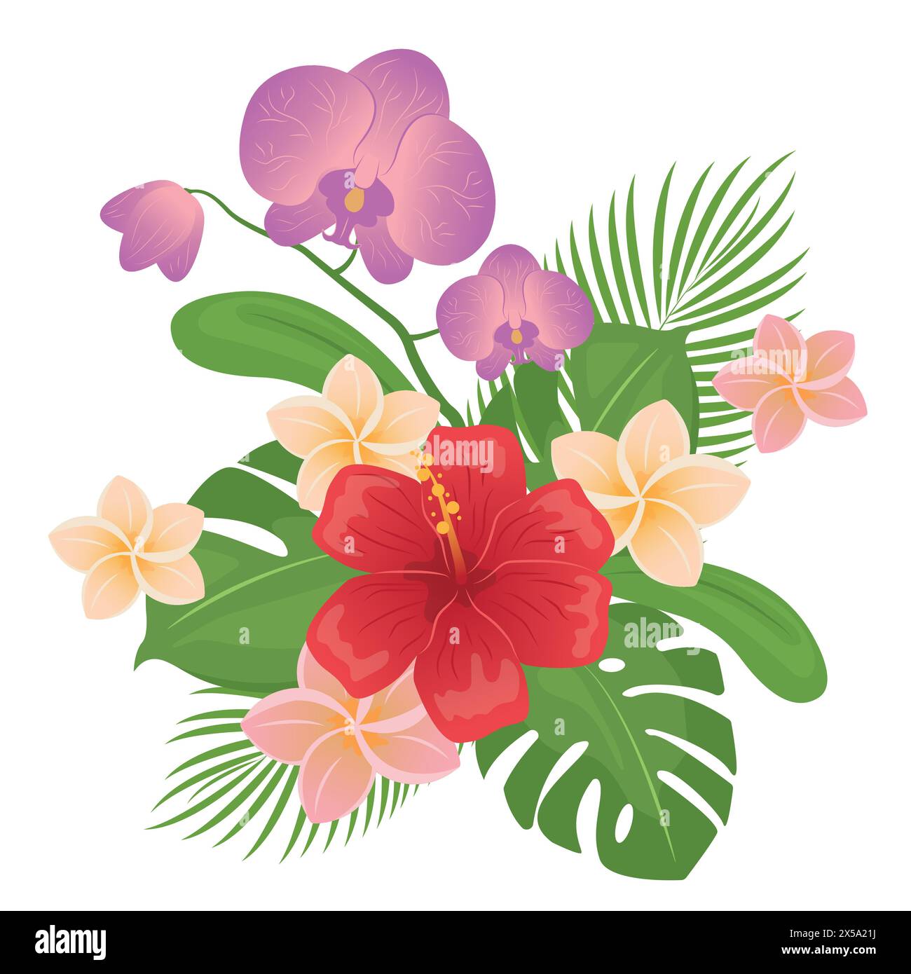 vector bouquet with tropical flowers. Hawaiian style floral arrangement ...
