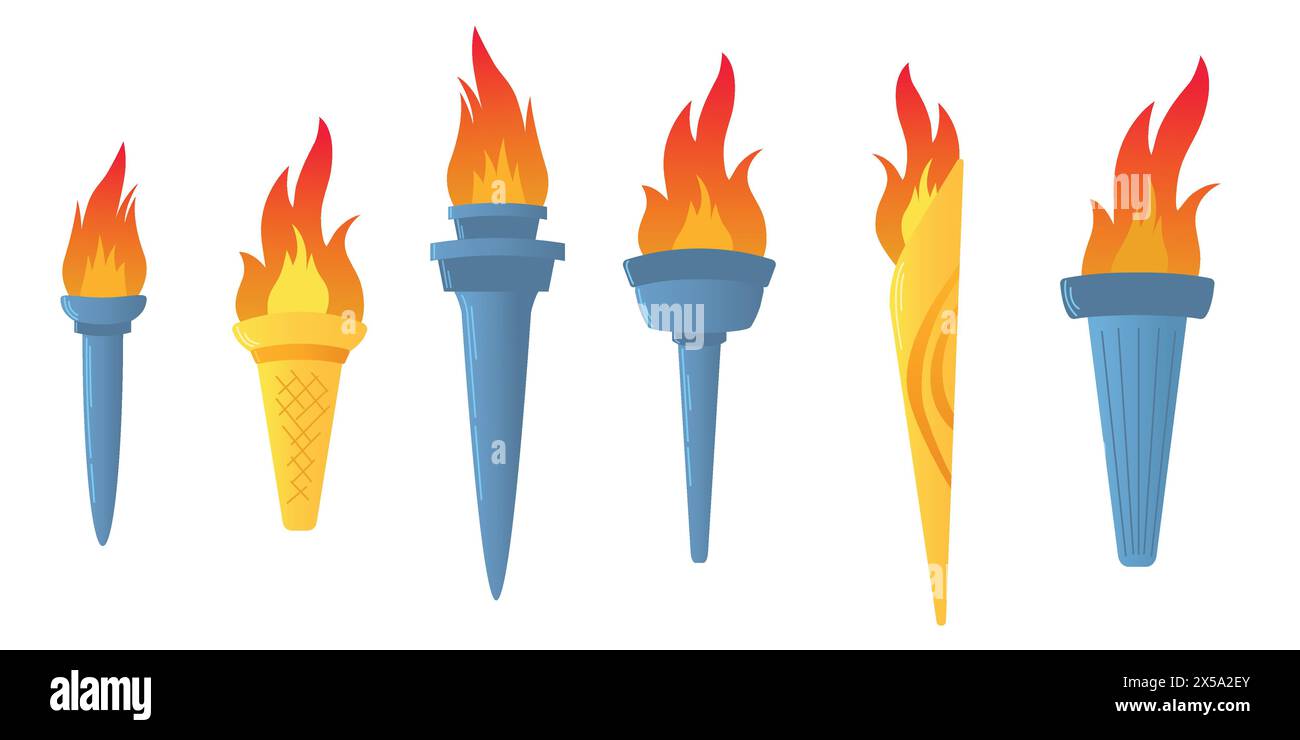 Colorful Flaming Torches, flat vector illustration isolated on white ...