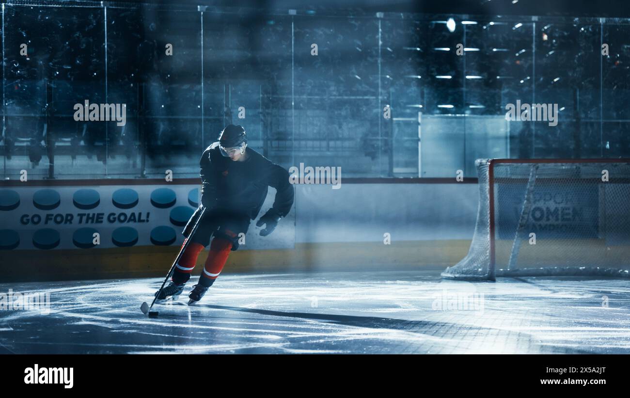 Ice Hockey Rink Arena: Professional Player Training Alone. Skates ...